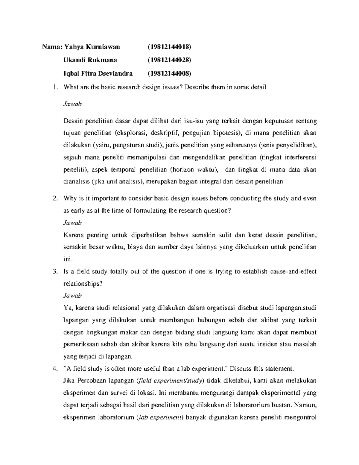 Exercise Business Research Method - Nama: Yahya Kurniawan (19812144018) Ukandi Rukmana ...