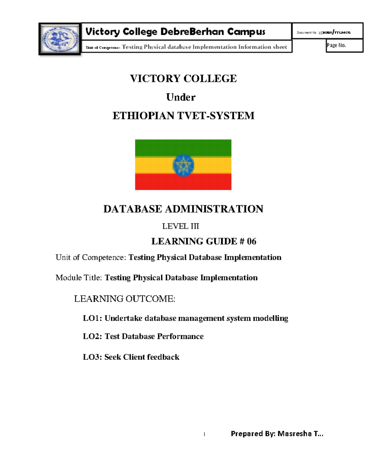 06 test - TVT standard - I Prepared By: Masresha T... VICTORY COLLEGE ...