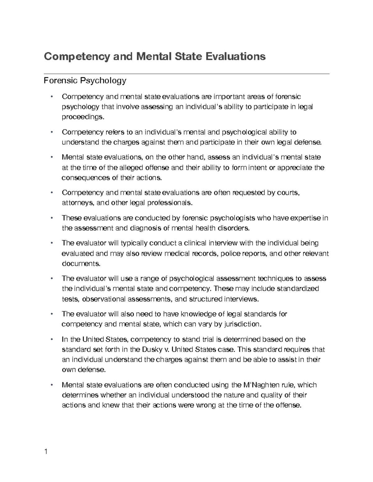 Competency and Mental State Evaluations Notes - Competency and Mental ...