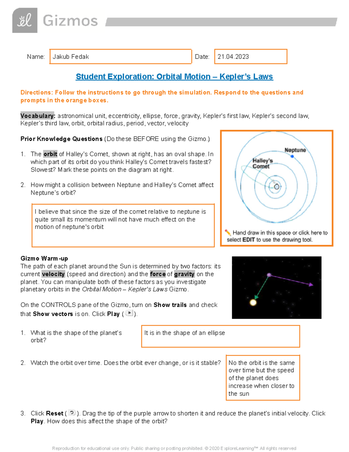 Orbital Motion SE - Name: Jakub Fedak Date: 21. Student Exploration ...