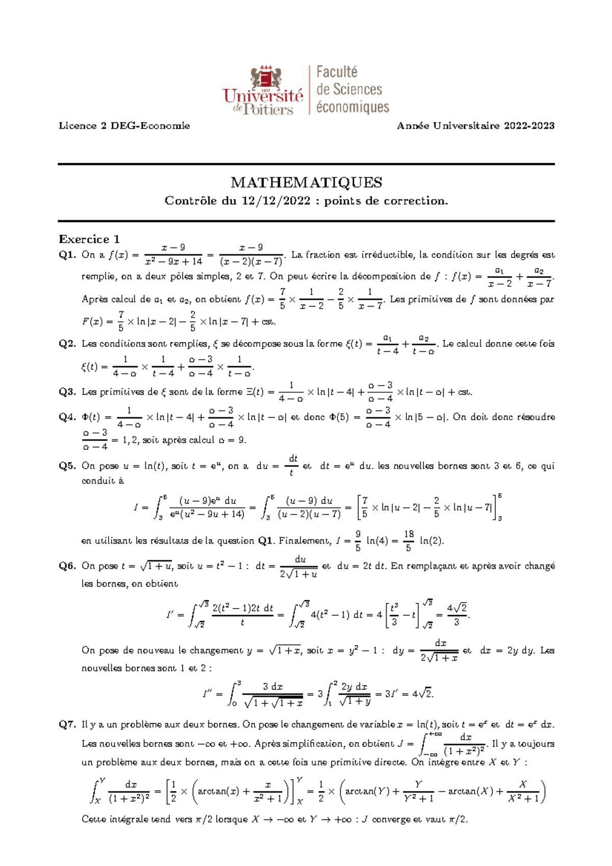 CC2-corrig-L2S3 2022-2023 - Licence 2 DEG-Economie Ann ́ee Universitaire 2022- MATHEMATIQUES ...