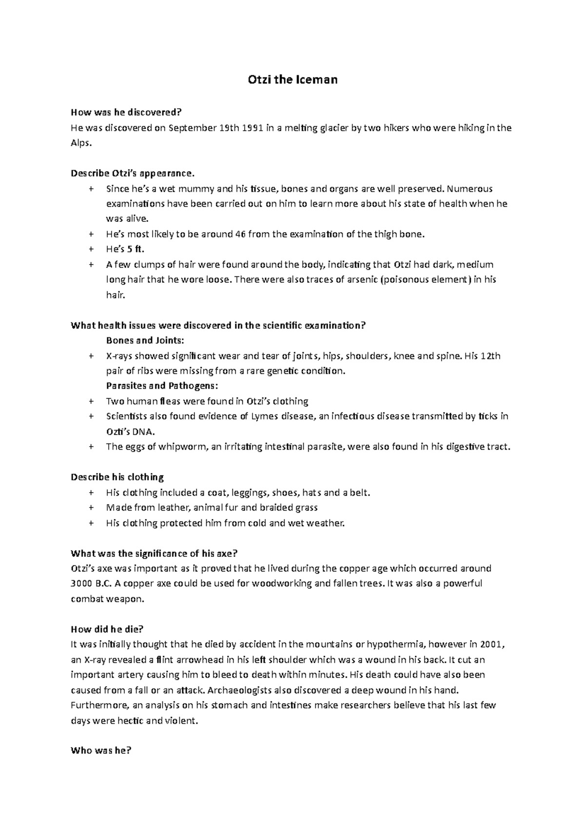 Otzi the Iceman - Lecture notes 9 - Otzi the Iceman How was he ...