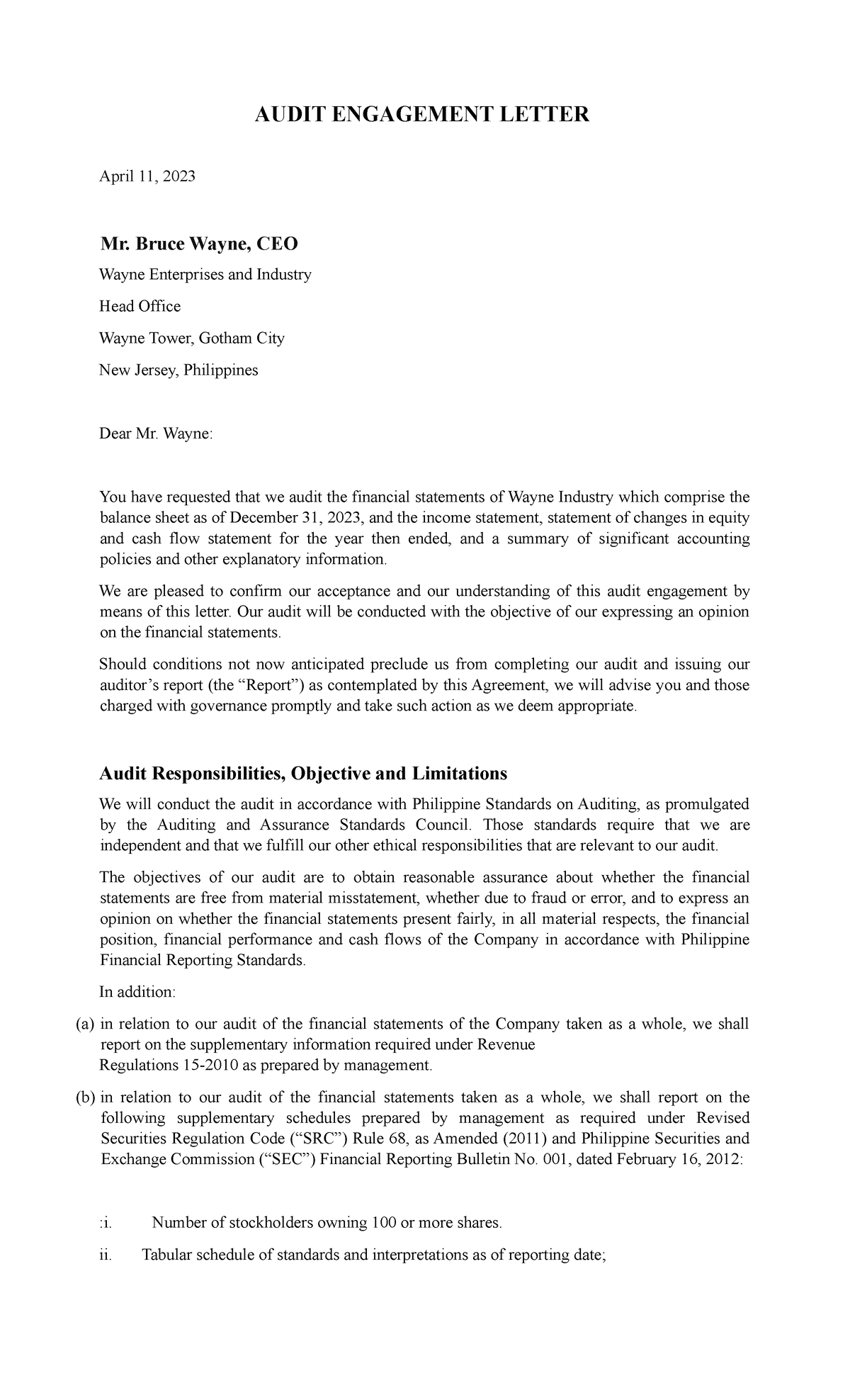 Engagement Letter - AUDIT ENGAGEMENT LETTER April 11, 2023 Mr. Bruce ...