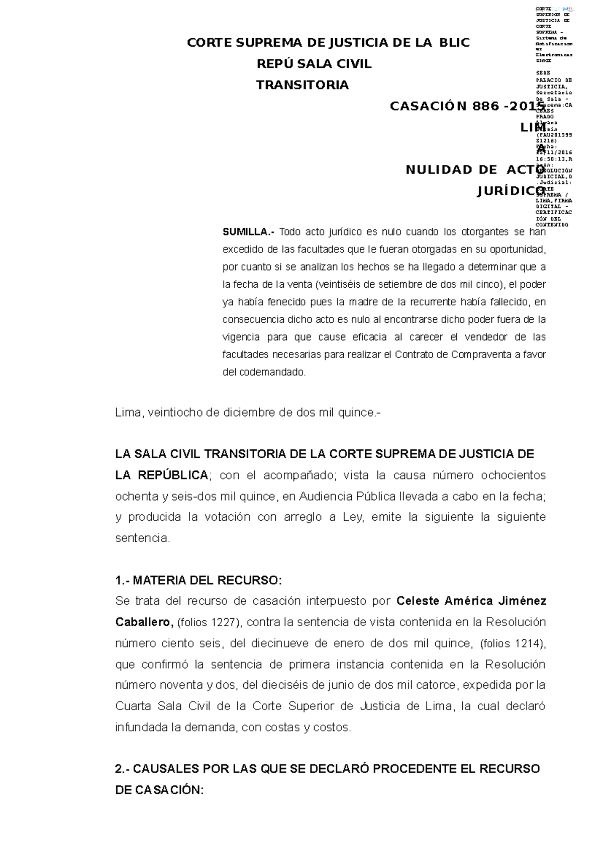 Nulidad DE ACTO Juridico sentencia - CORTE SUPREMA DE JUSTICIA DE LA REPÚ SALA CIVIL TRANSITORIA ...
