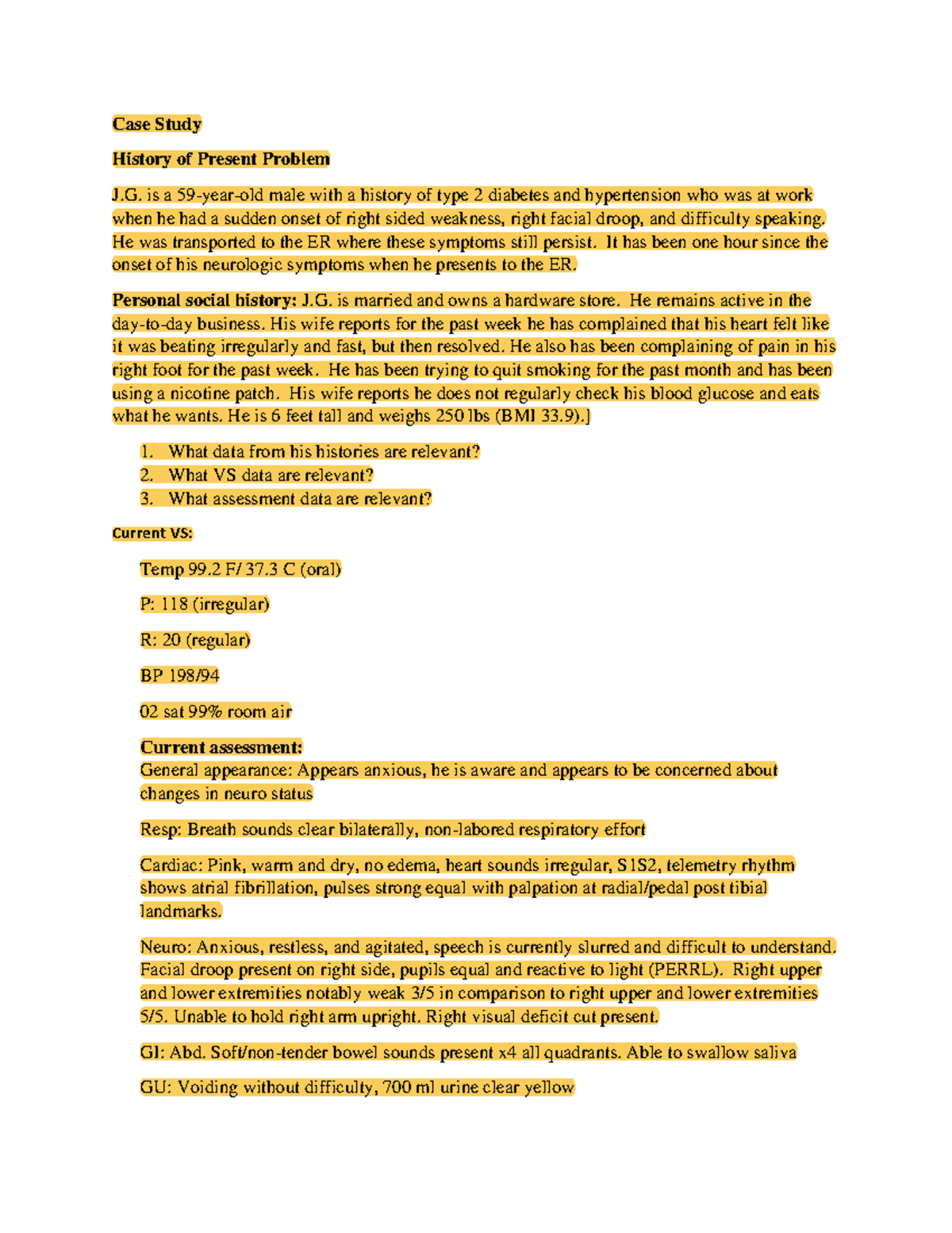 Cva case studypdf - Case Study History of Present Problem J.G. is a 59 ...