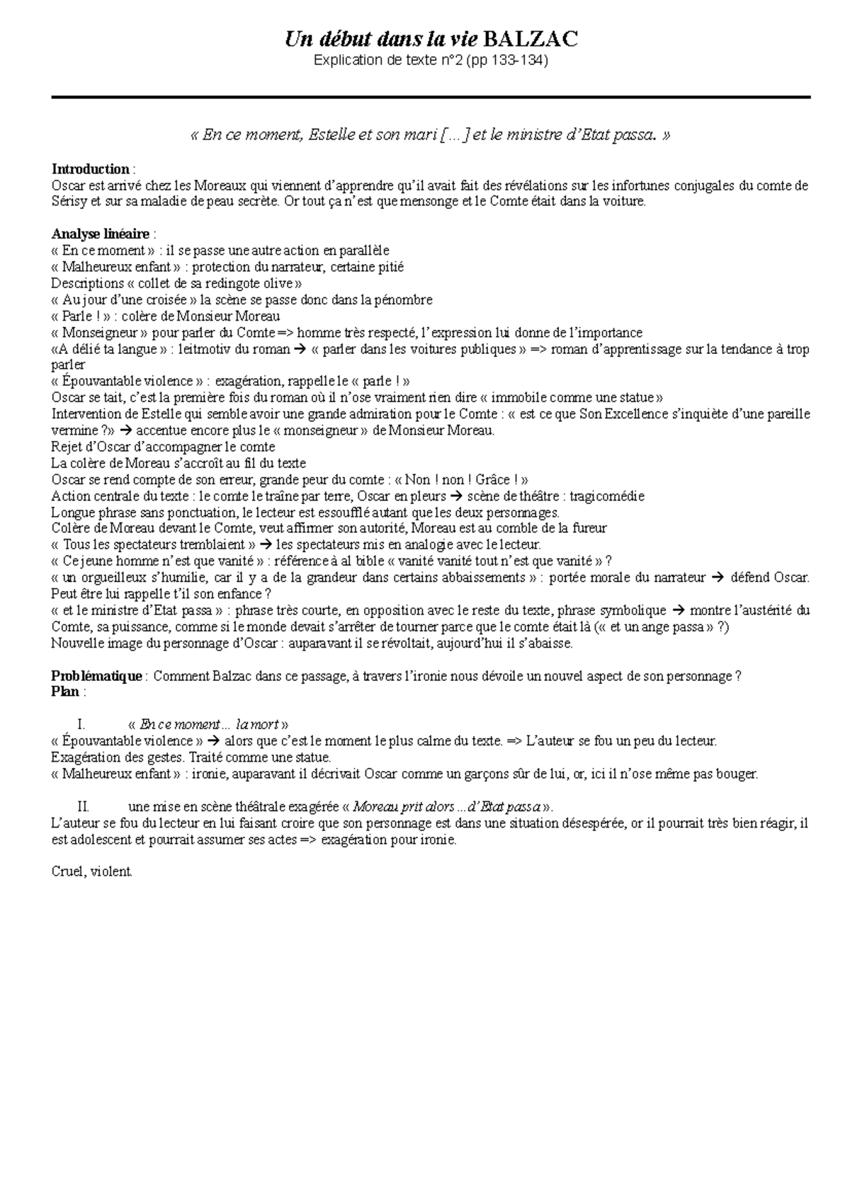 Fiche - Balzac, Un début dans la vie, Analyse n°2 - Un début dans la ...