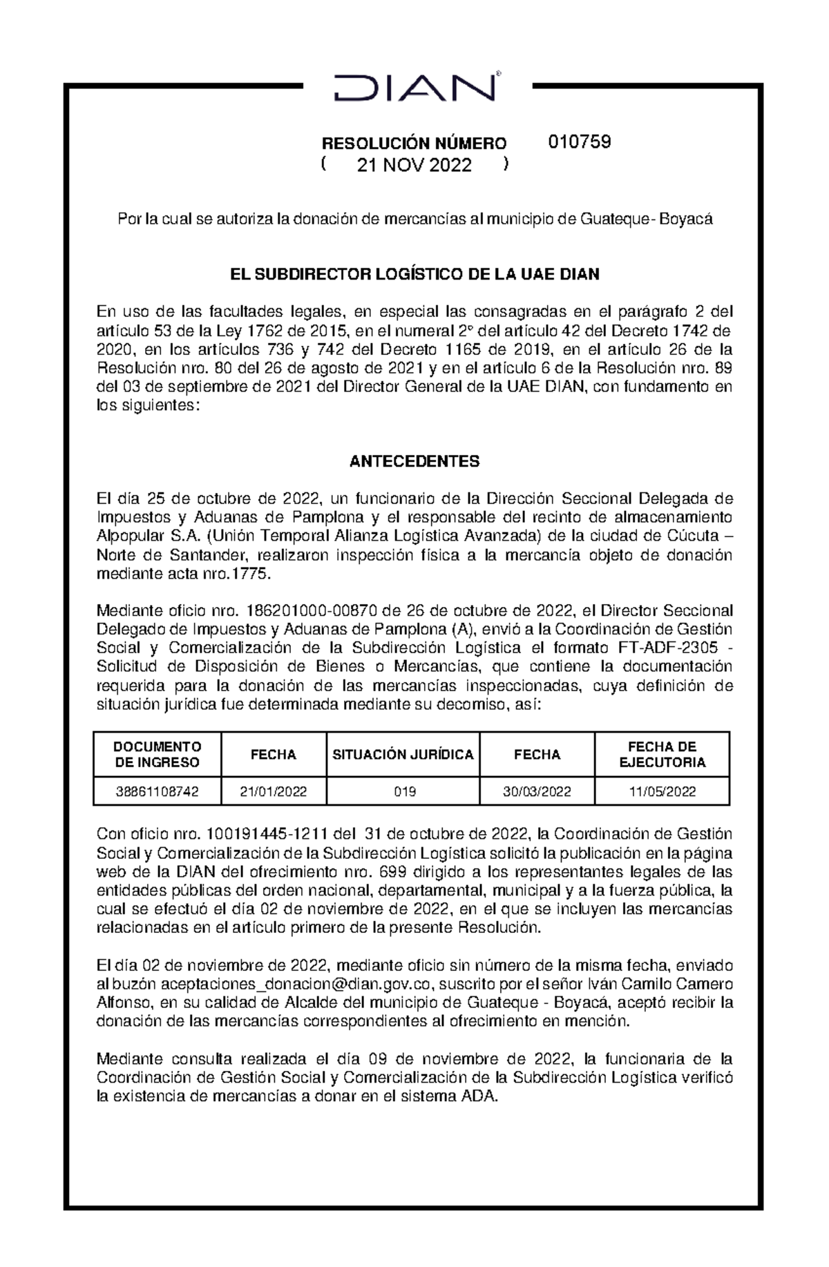 RES 010759 - DOCUMENTOS - RESOLUCIÓN NÚMERO ( ) Por la cual se autoriza ...