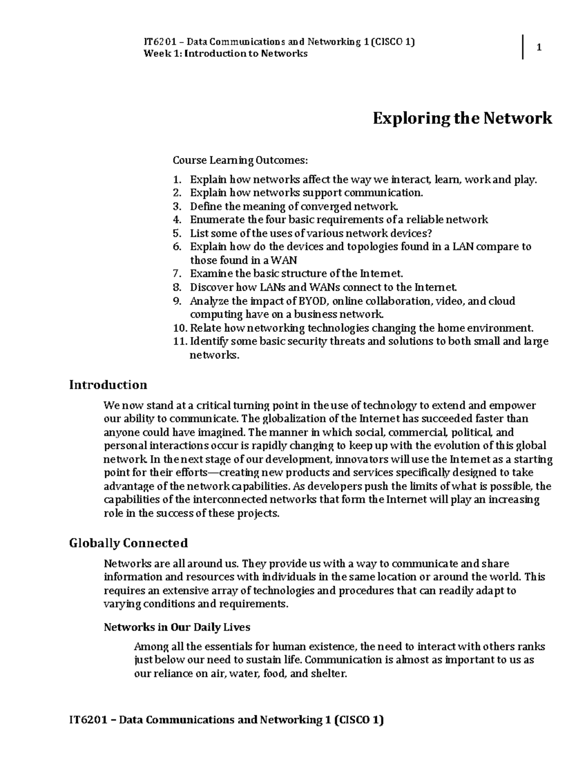 W1 Intro to Networks - date and network notes - IT6201 – Data ...