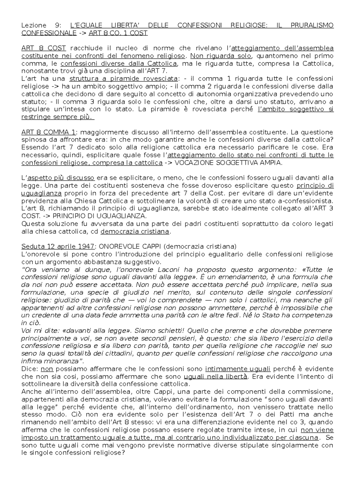 Lezione 9 - uguale libertà delle confessioni religiose - Lezione 9: L ...