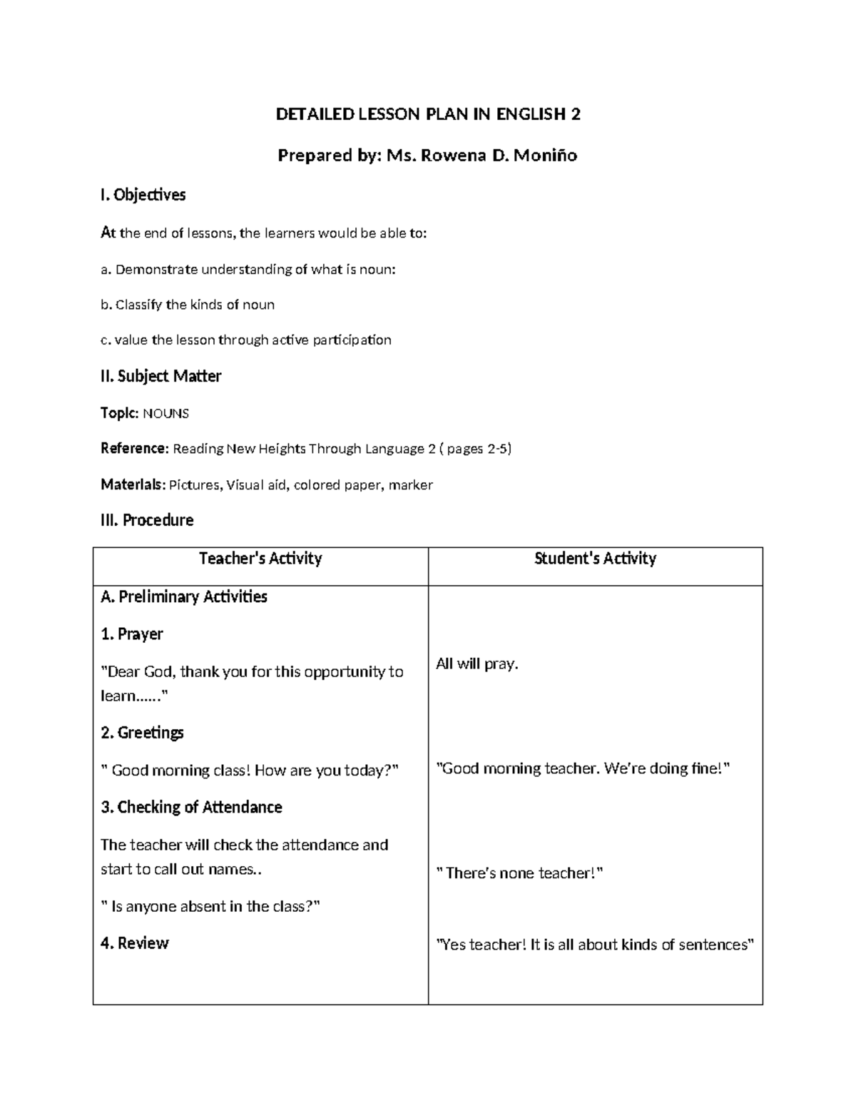 Nouns LP - Mmm - DETAILED LESSON PLAN IN ENGLISH 2 Prepared by: Ms ...
