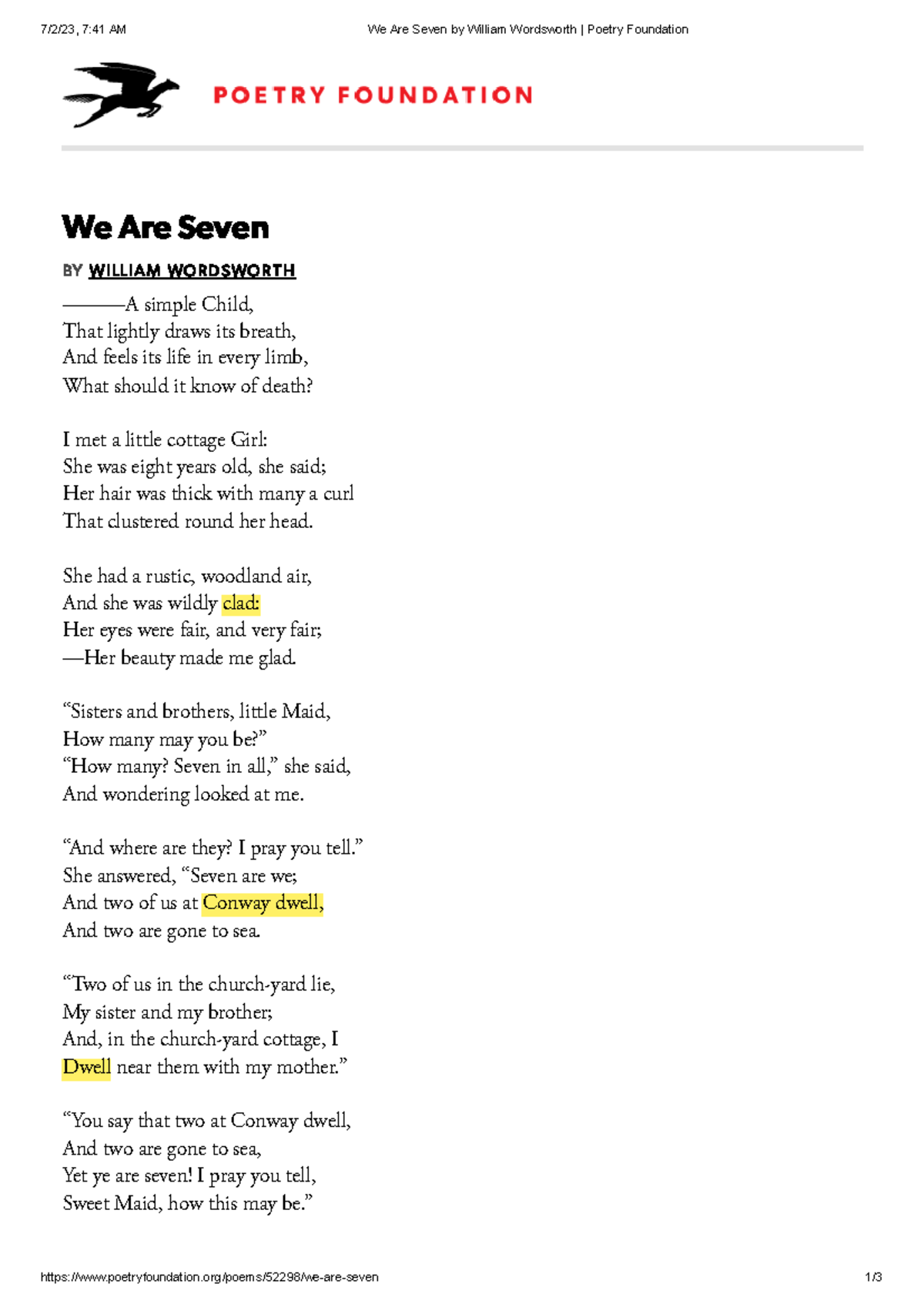 We Are Seven by William Wordsworth Poetry Foundation - 7/2/23, 7:41 AM ...