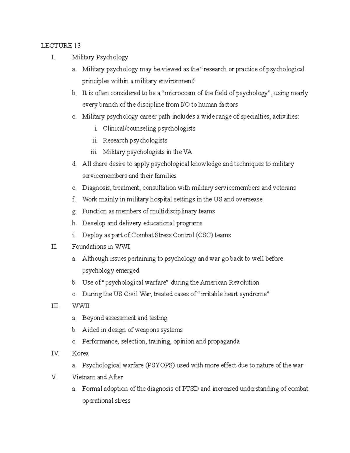 Counseling Psych 13 - LECTURE 13 I. Military Psychology a. Military ...