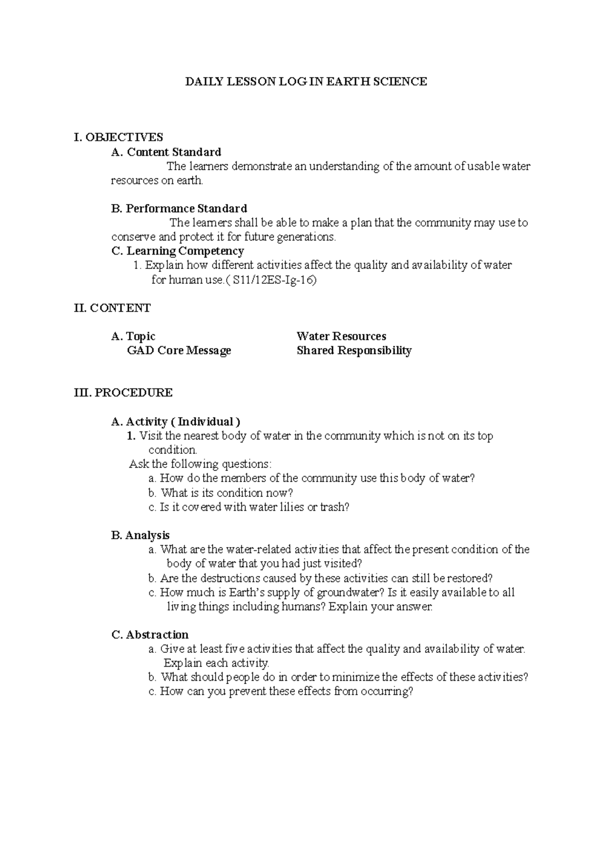Earth Science 11 Water Resources - DAILY LESSON LOG IN EARTH SCIENCE I ...