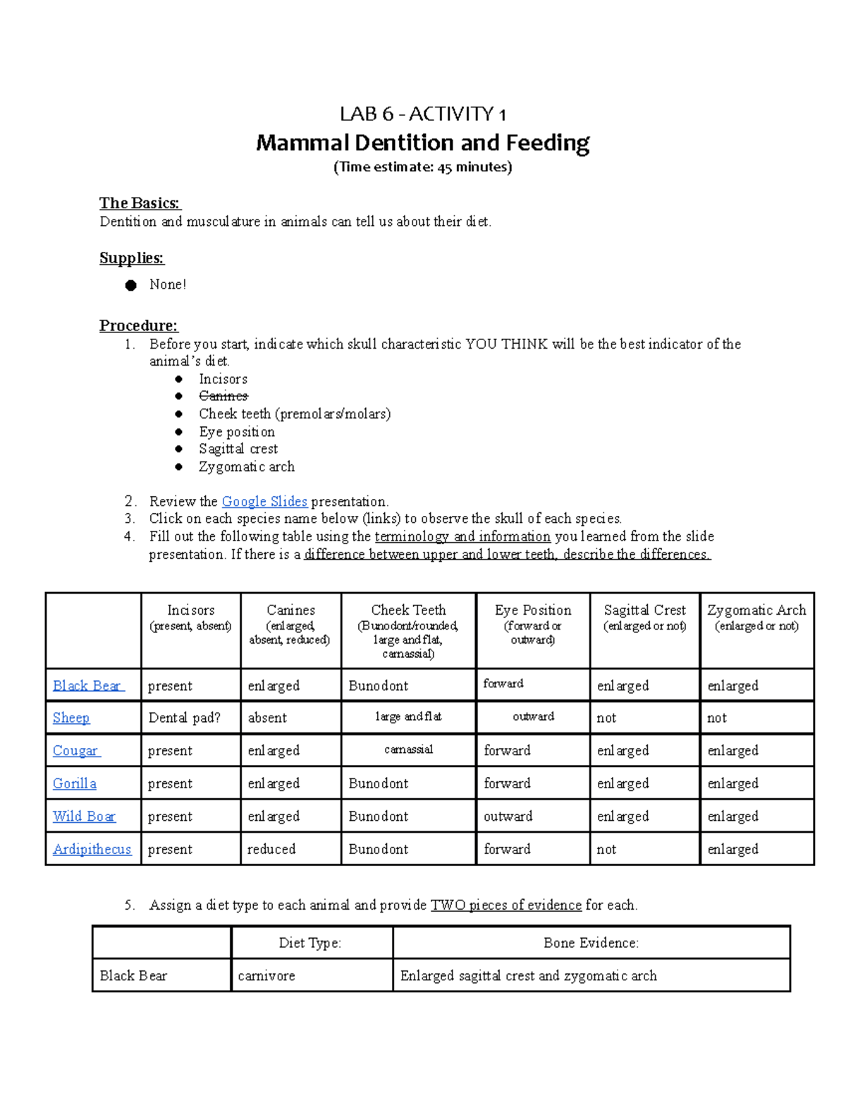 Copy of Lab6activity 1-Mammal Dentition and feeding - LAB 6 - ACTIVITY ...