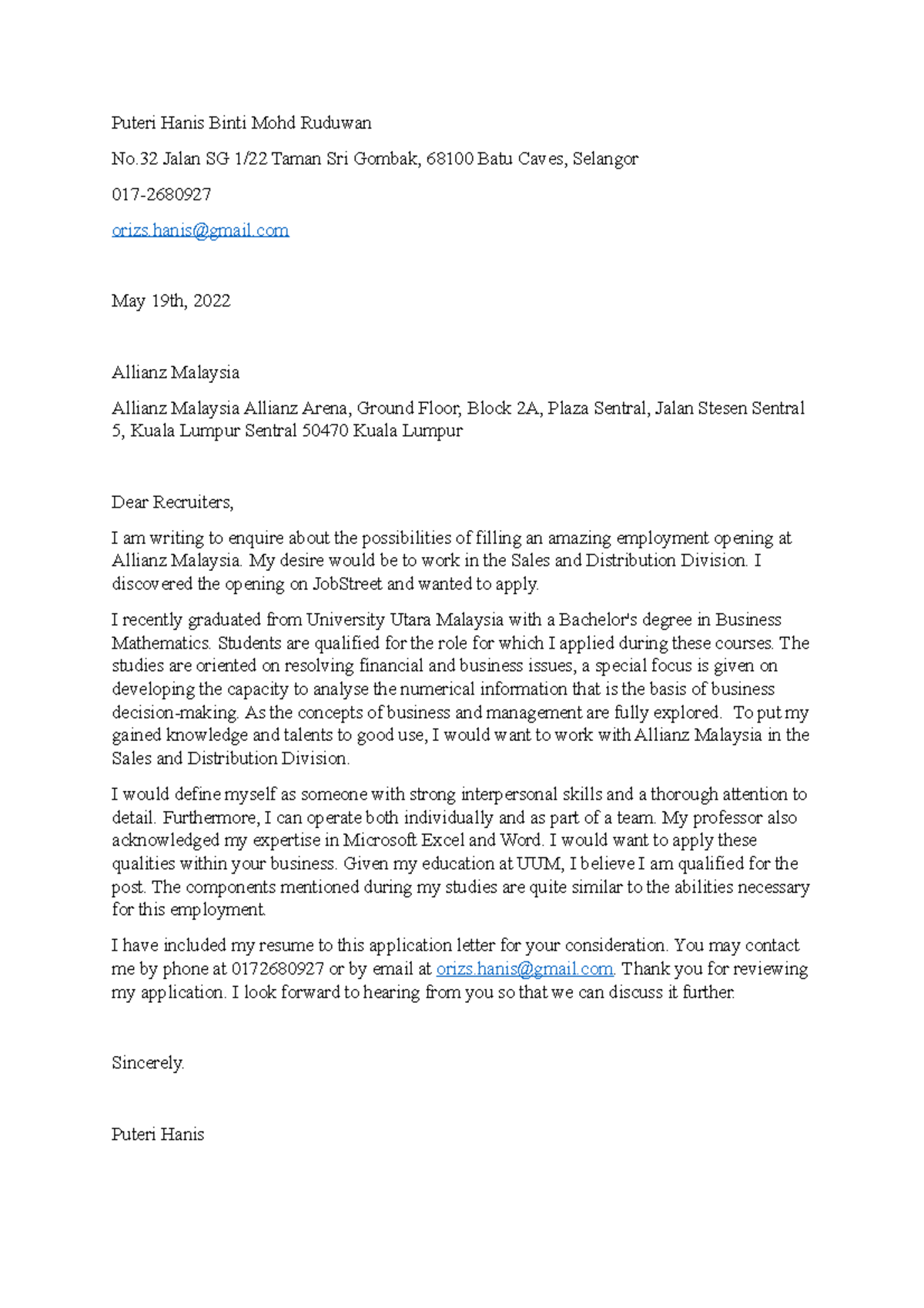 Puteri Hanis 288573 - Cover Letter - Puteri Hanis Binti Mohd Ruduwan No ...