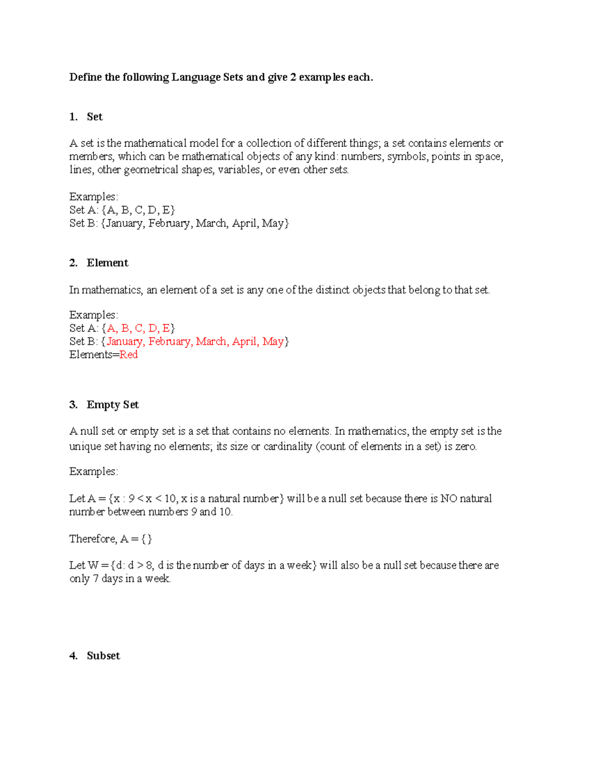 Math activity 3 - hello - Define the following Language Sets and give 2 examples each. Set A set ...