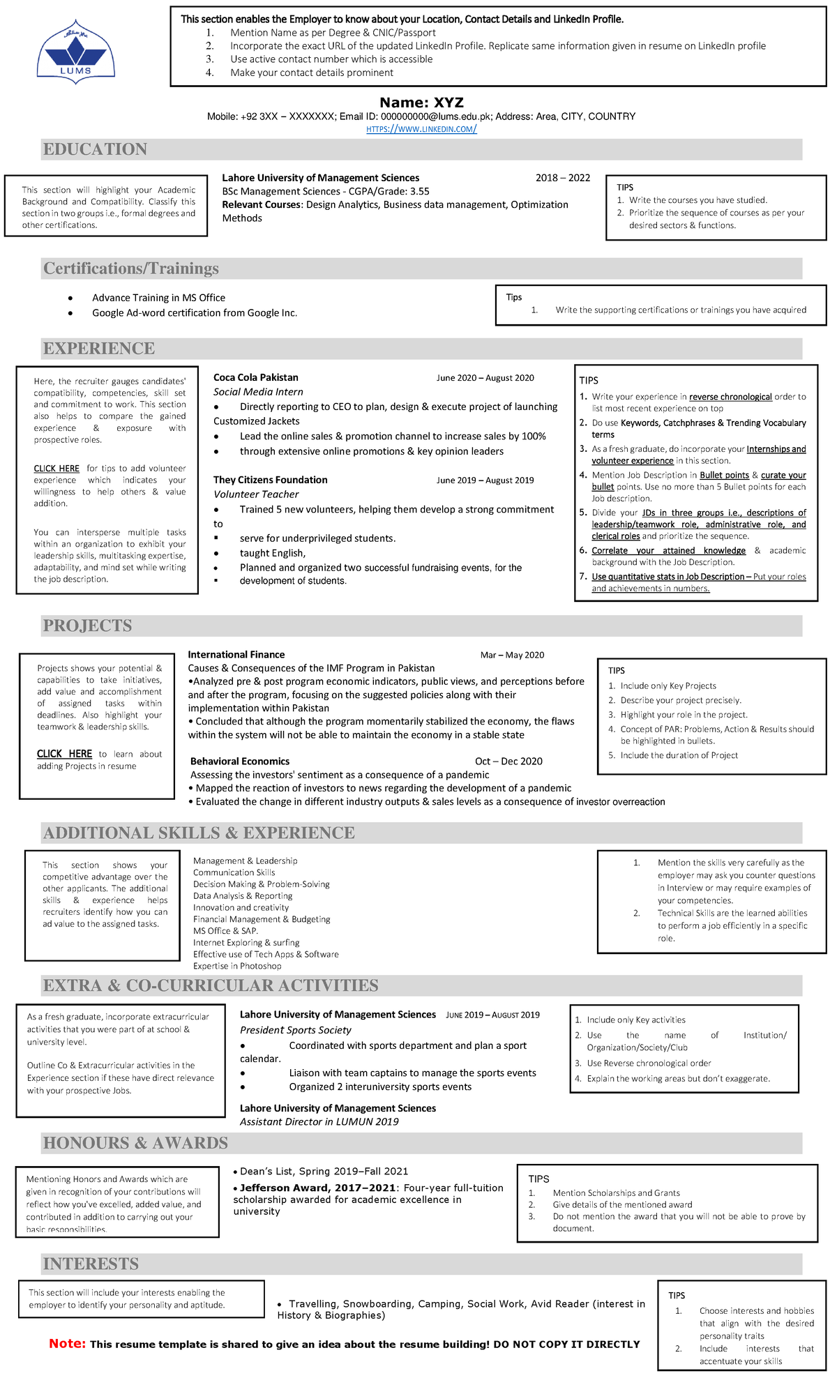 LUMS Resume Format - Name: XYZ Mobile: +92 3XX – XXXXXXX; Email ID ...