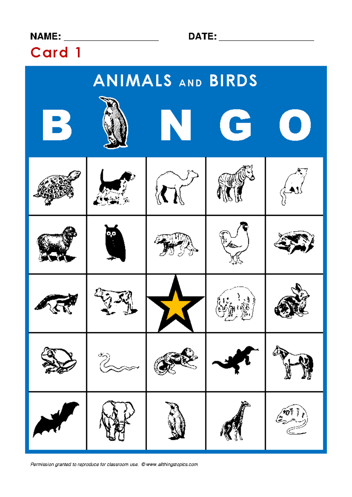 Bingo-animals - Animals bingo for class - Card 1 ANIMALS A N D BIRDS B ...