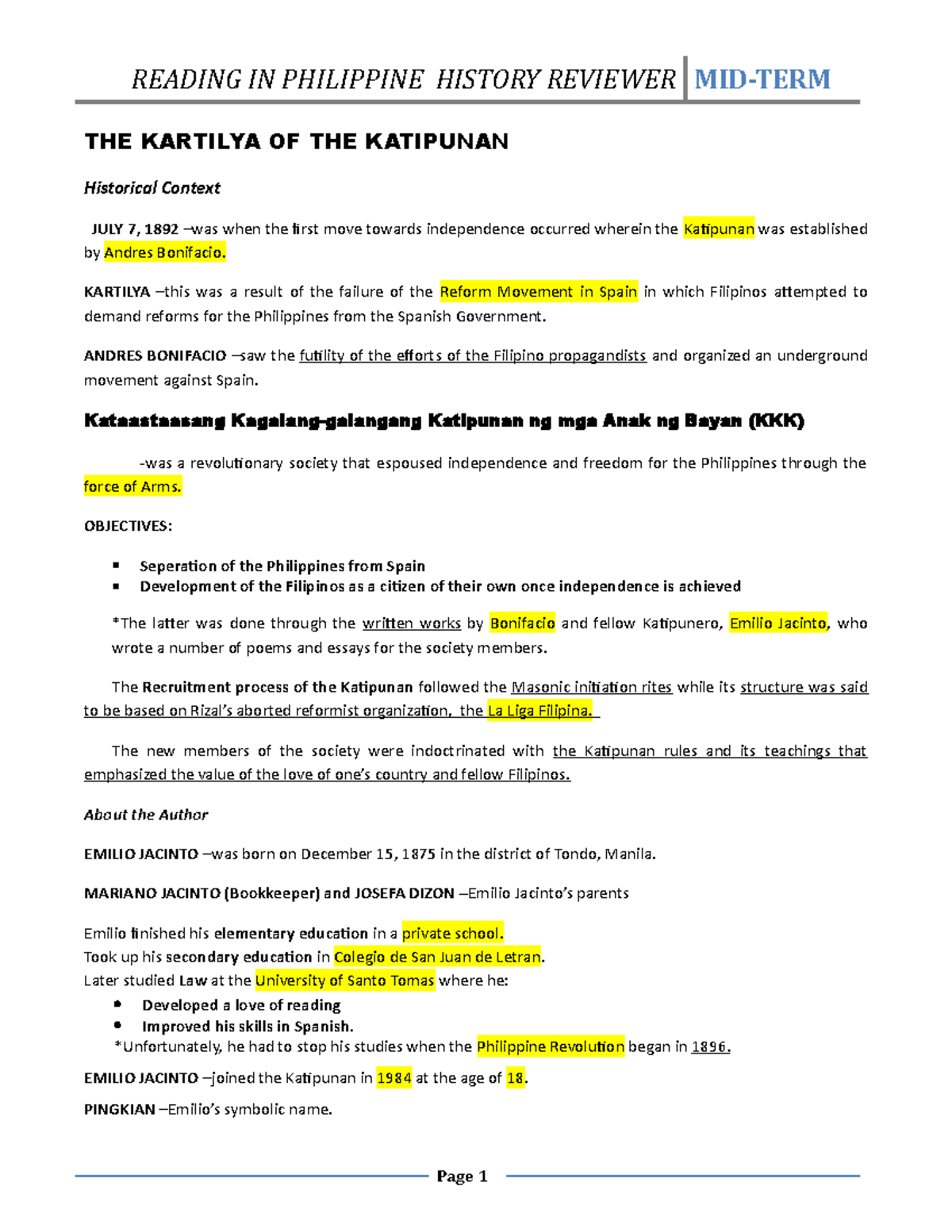 Reading in Ph. History Reviewer (MIdterm) - THE KARTILYA OF THE ...