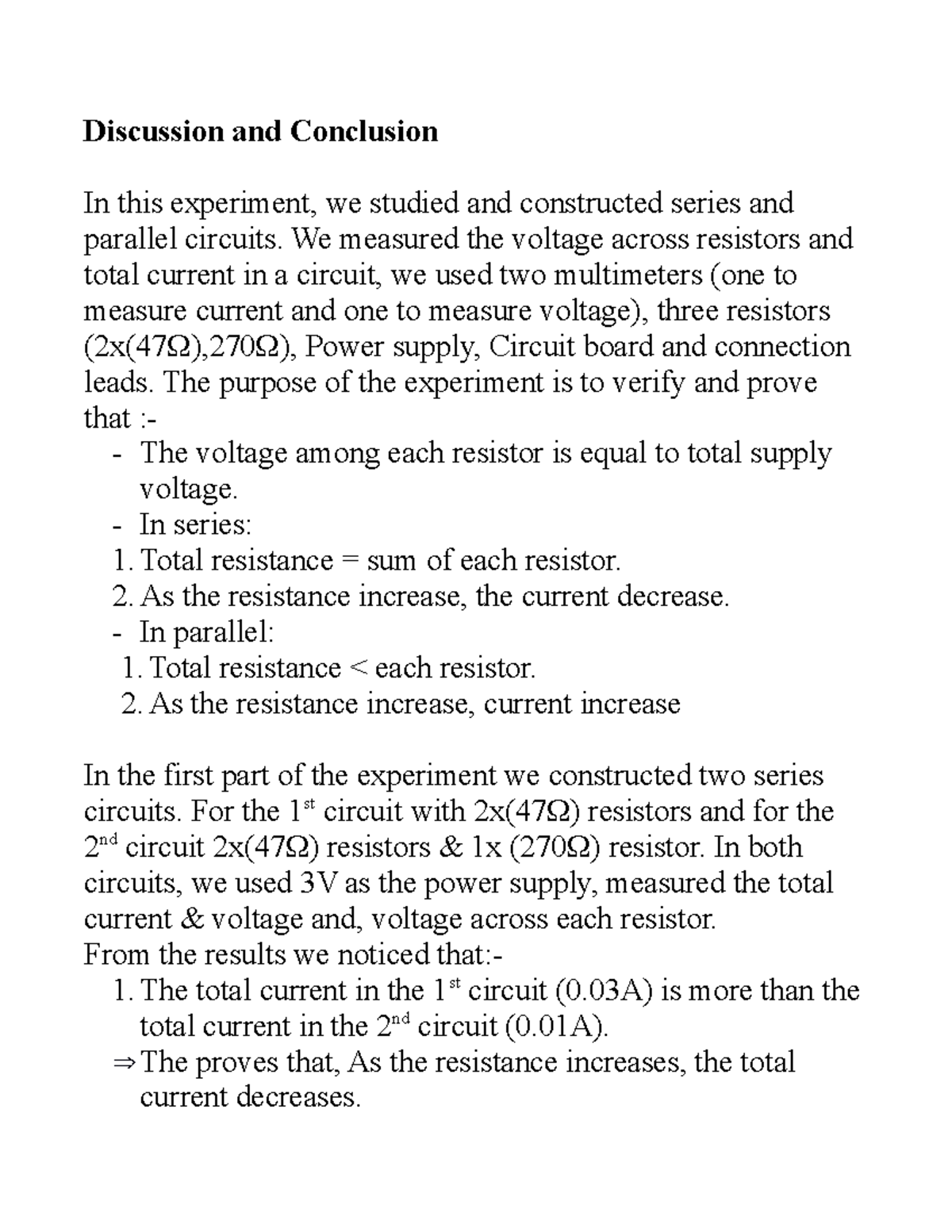 Exp 02A Resistors in series and Parallel combination - Discussion and Conclusion In this ...
