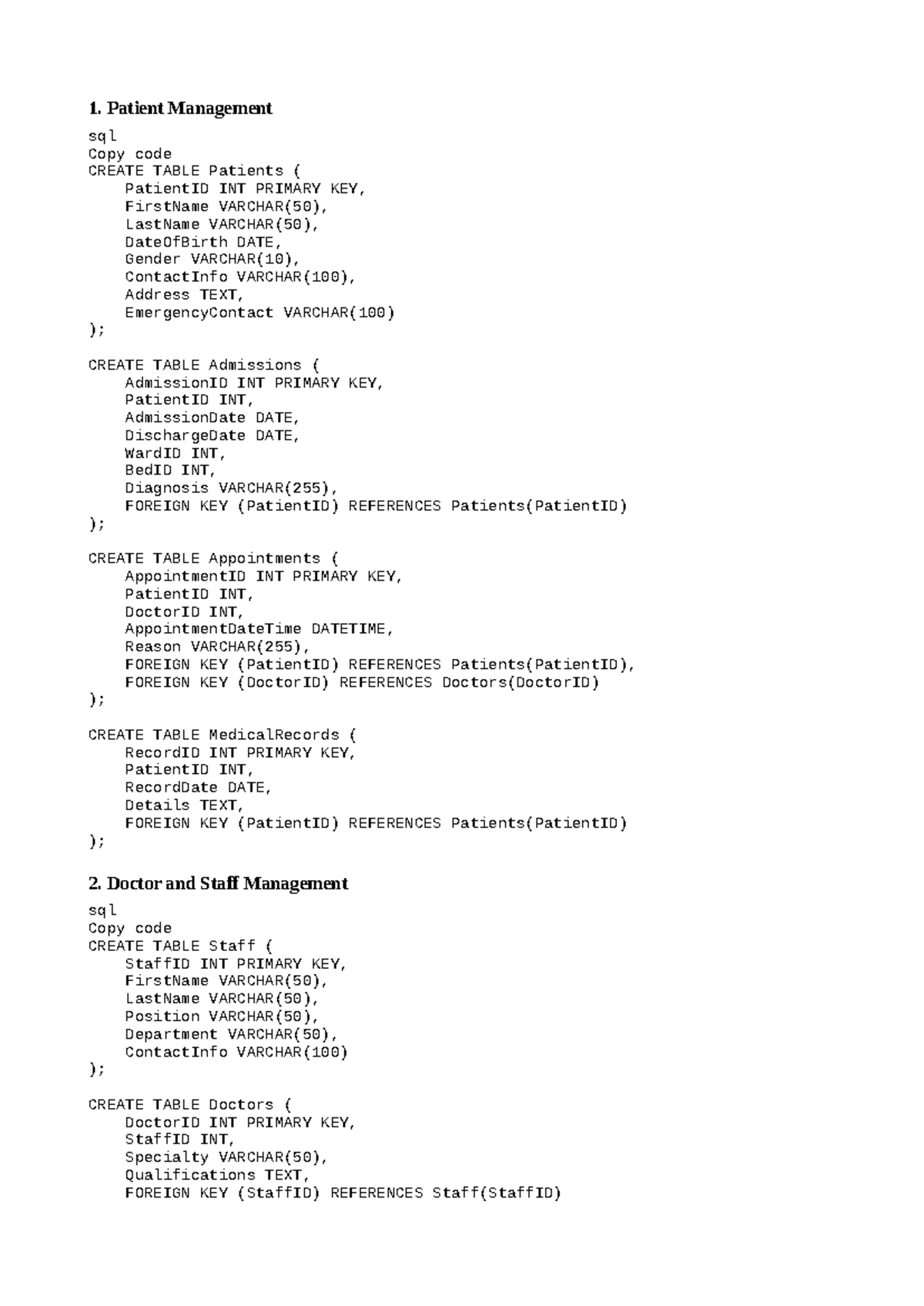 Hospital Management Database Scheme 1 Patient Management Sql Copy Code Create Table Patients