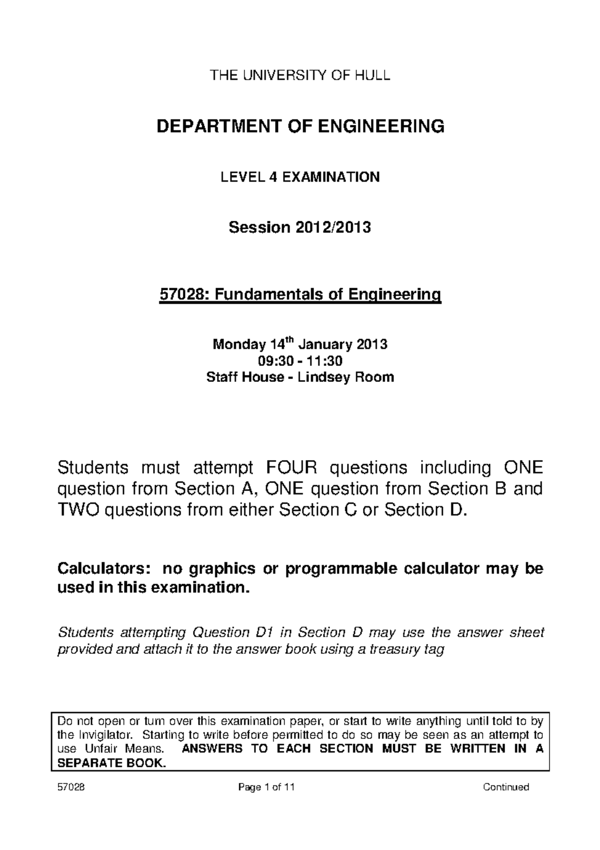 Exam 7 January 2013, questions and answers - THE UNIVERSITY OF HULL ...