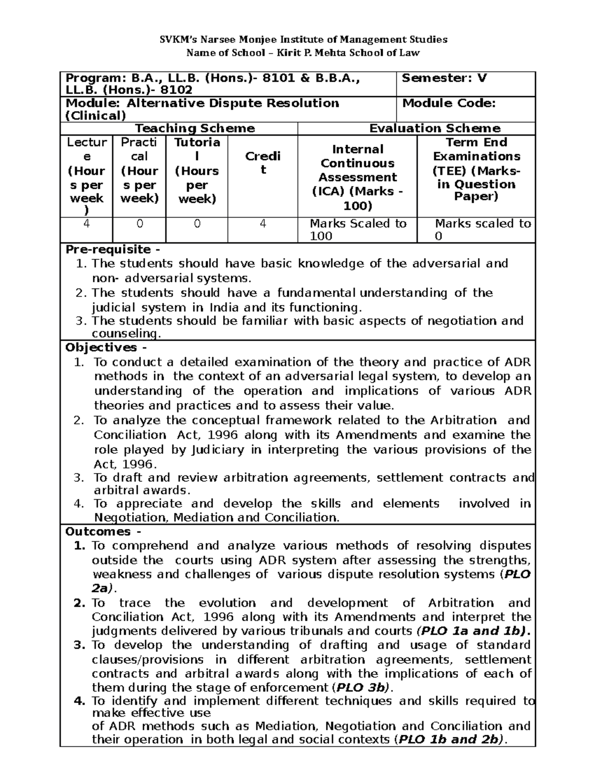 ADR (Clinical) - Course outline - Program: B., LL. (Hons.)- 8101 & B.B ...