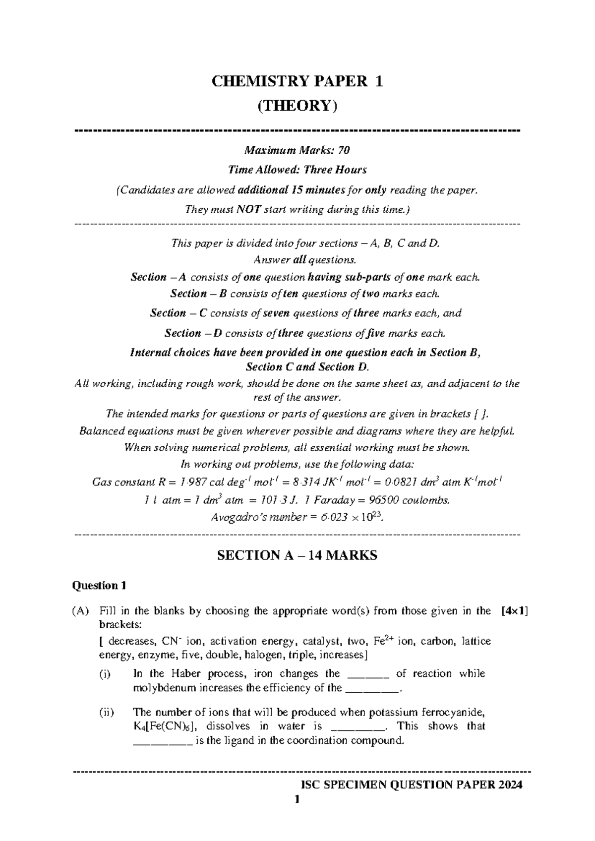 862- Chemistry- Paper-1 (3) - ISC SPECIMEN QUESTION PAPER 2024 ...