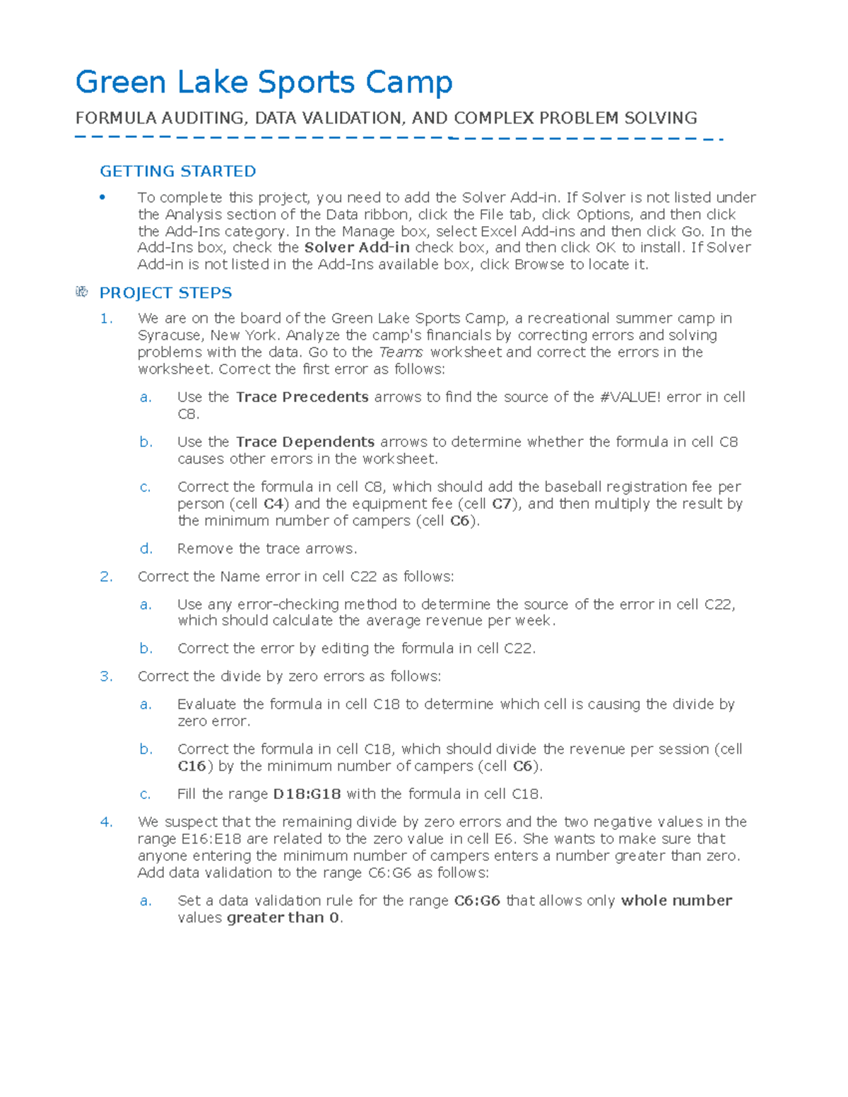 Directions Project B Green Lake Sports Camp Formula Auditing Data Validation And Complex 