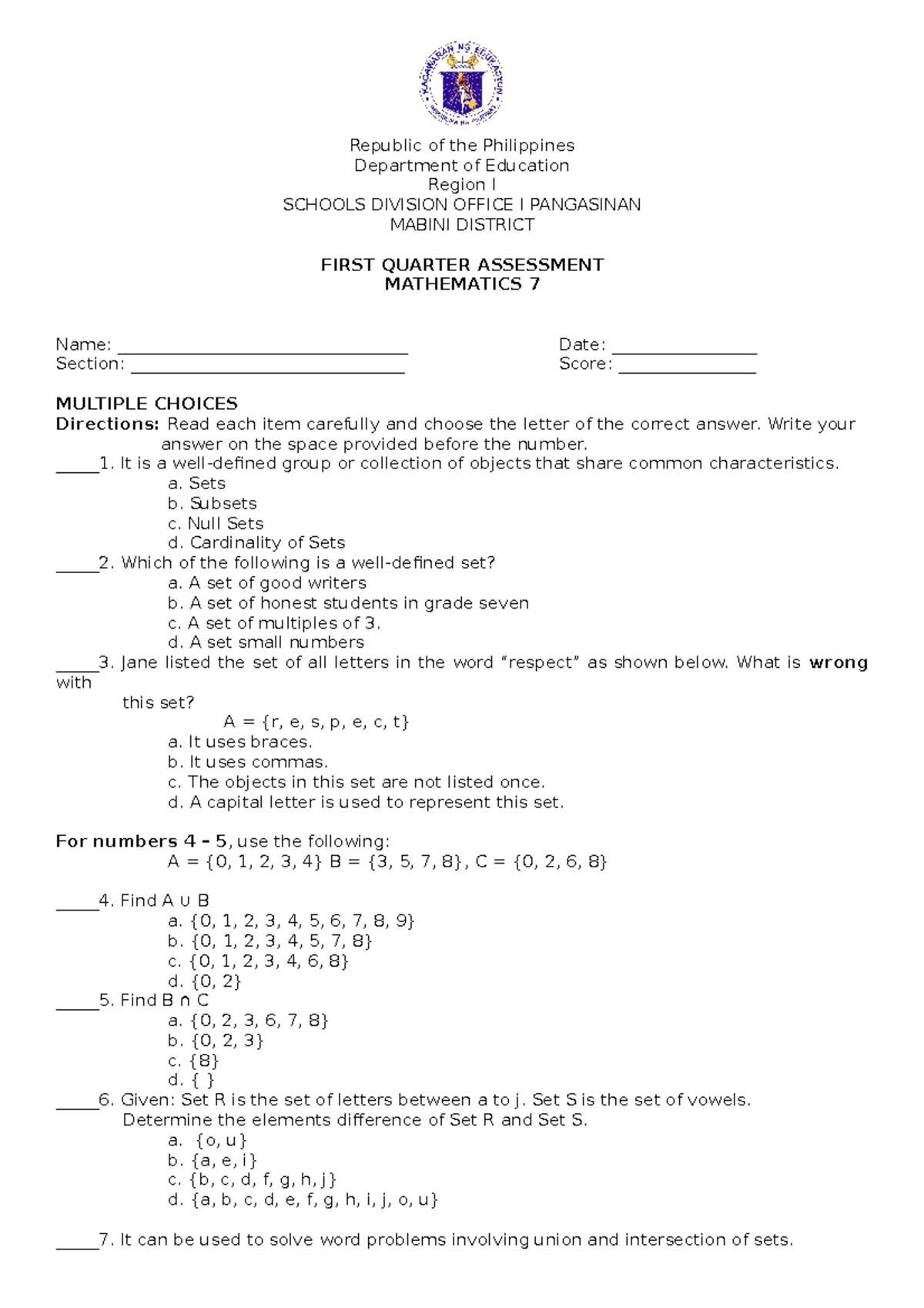 MATH 7 First Quarter 2022 2023 - Republic of the Philippines Department ...