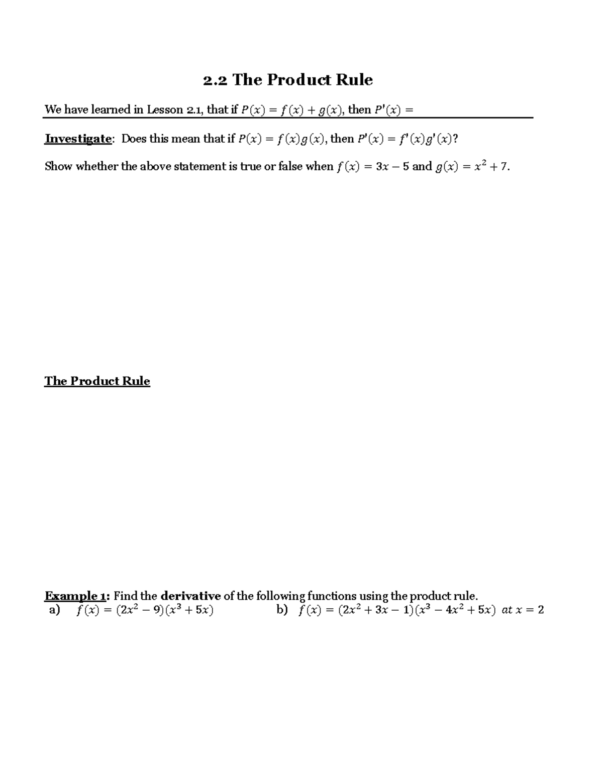 MCV4U1 - U2 - L2 - Unit 2 - 2 The Product Rule We have learned in ...