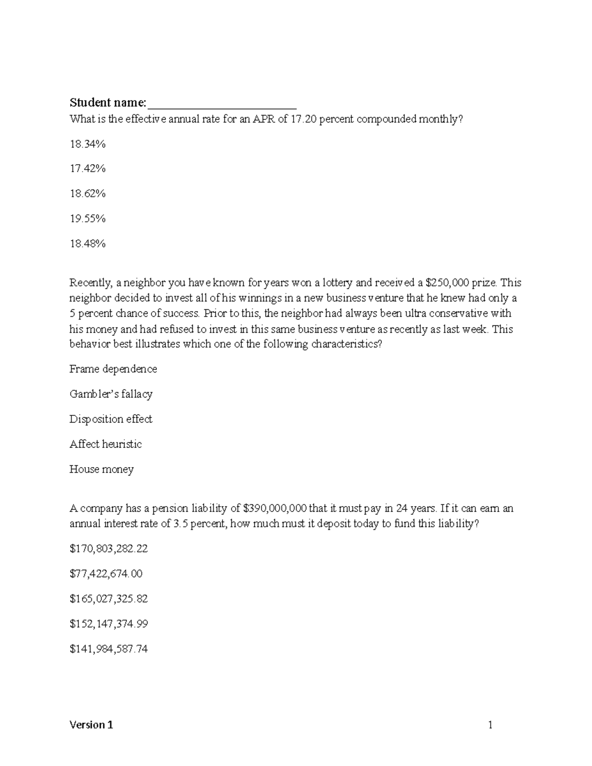 Finance Test #3 Ch. 5,6&22 version 1 - Student name ...