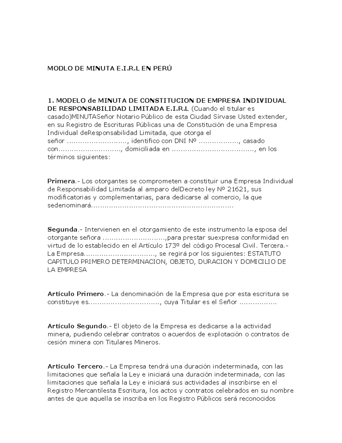 Modlo DE Minuta EIRL - anotaciones - MODLO DE MINUTA E.I.R EN PERÚ ...