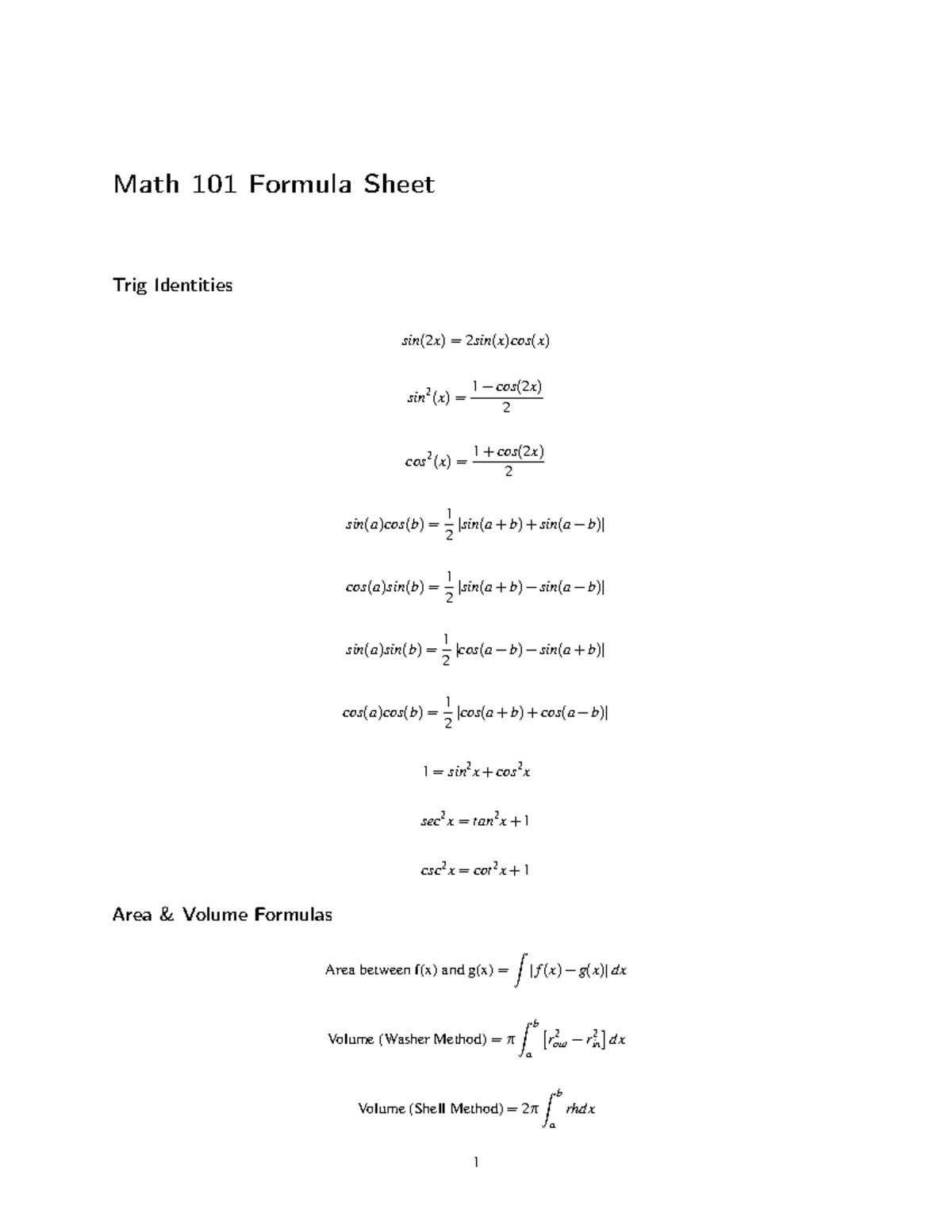 Final exam formula sheet - Math 101 Formula Sheet Trig Identities sin ...