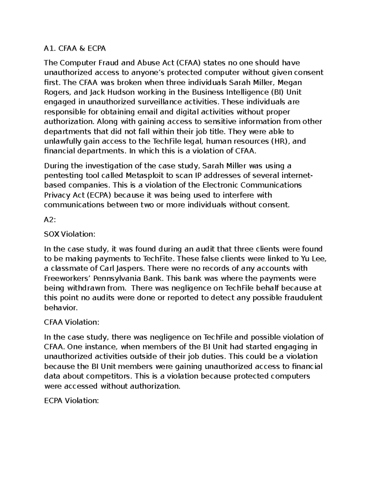 Legalissuesbp - A1. CFAA & ECPA The Computer Fraud and Abuse Act (CFAA ...