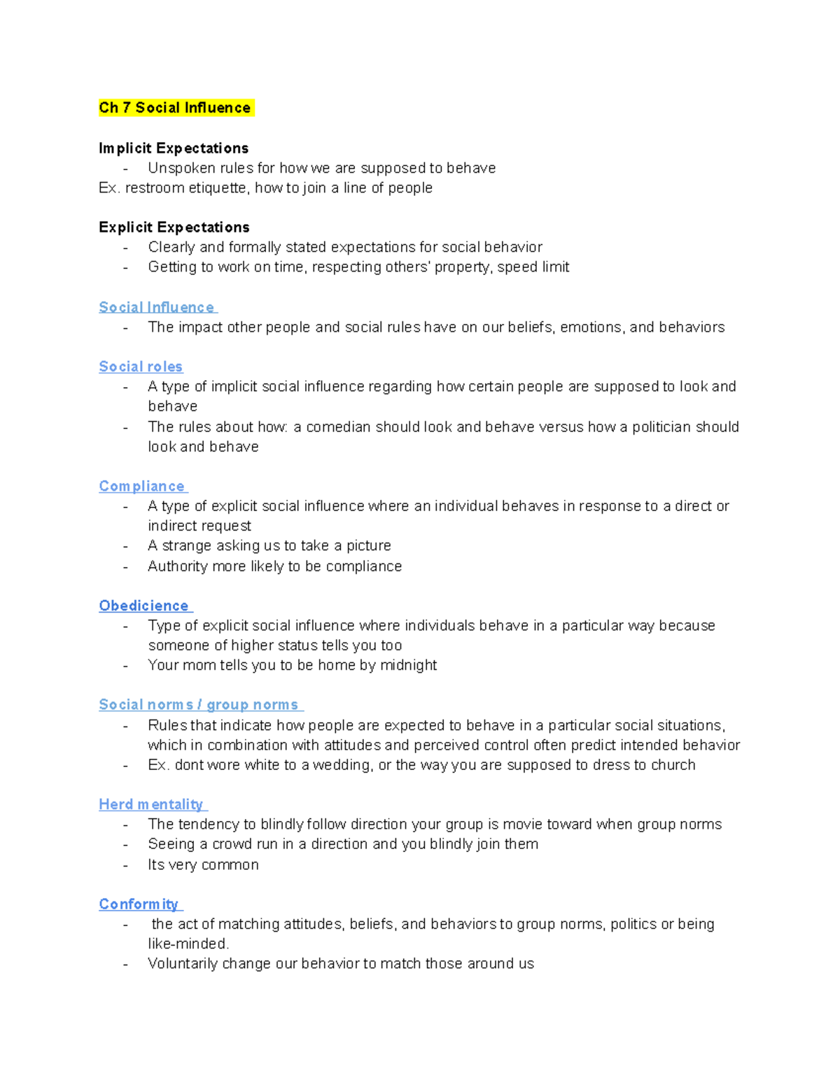 Ch 7 Social Influence - Ch 7 Social Influence Implicit Expectations ...