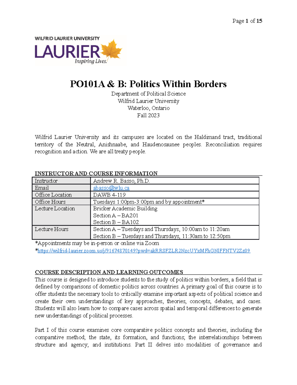 AR Basso - PO101 A & B Syllabus (Fall 2023) - PO101A & B: Politics Within Borders Department of ...