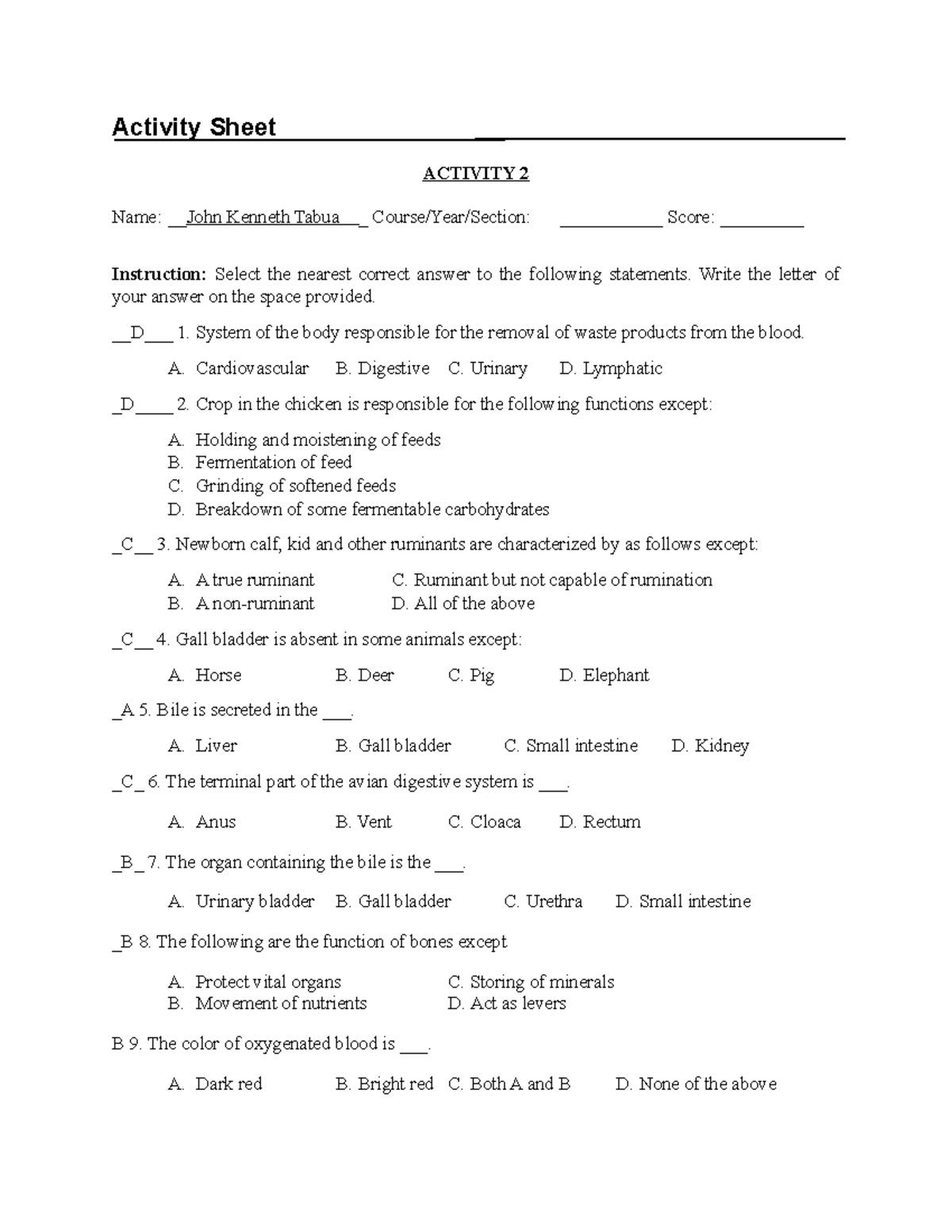 Activity Sheet 2 - Activity Sheet ACTIVITY 2 Name: __John Kenneth Tabua ...
