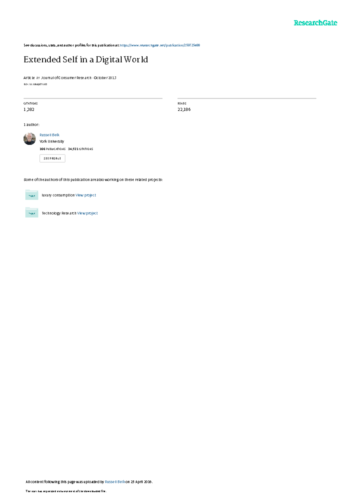 Extended Self in a Digital World - See discussions, stats, and author ...