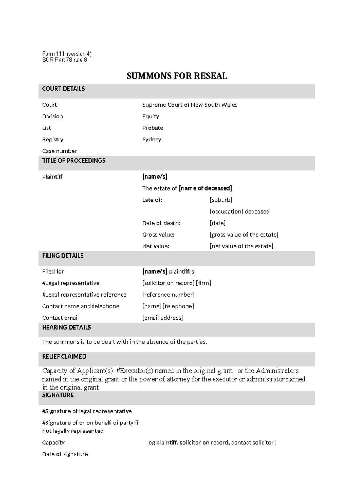 Additional material for reading purposes - Form 111 (version 4) SCR ...