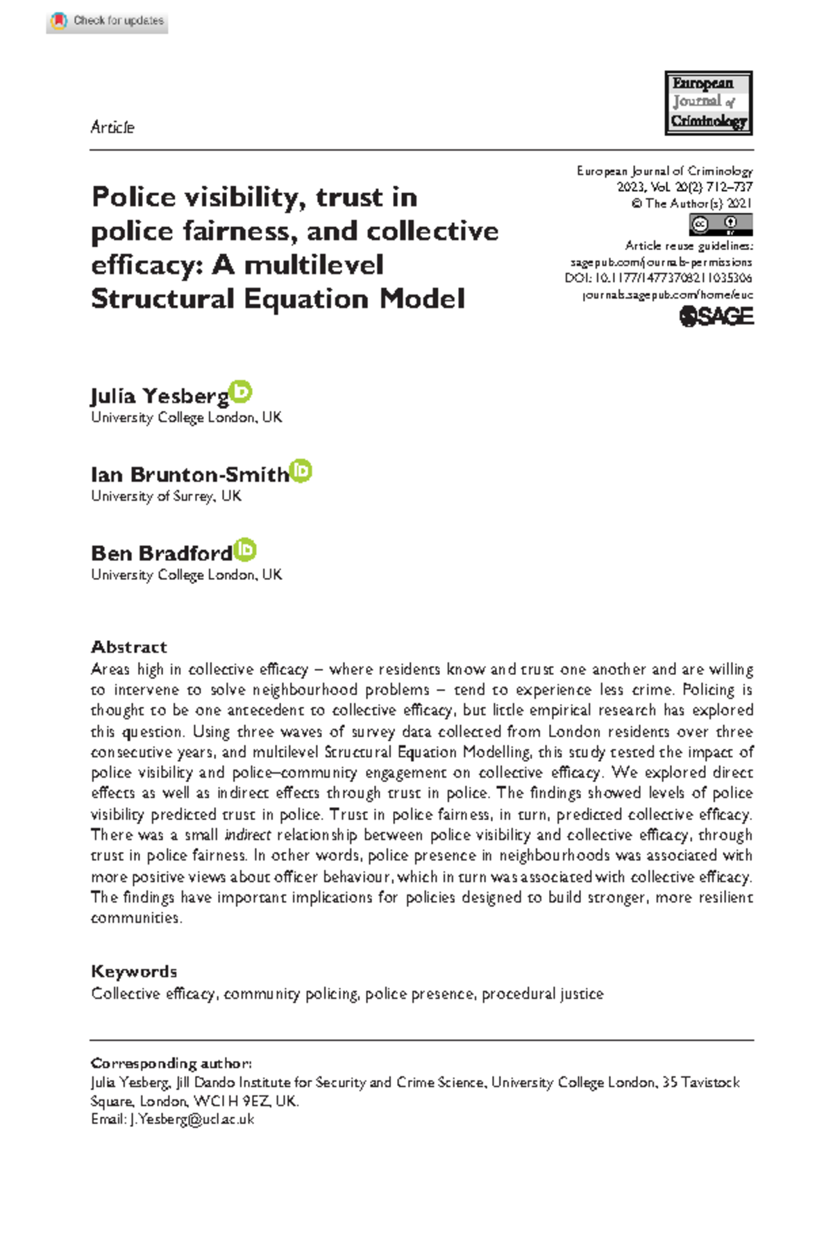 Yesberg et al 2021 police visibility trust in police fairness and ...