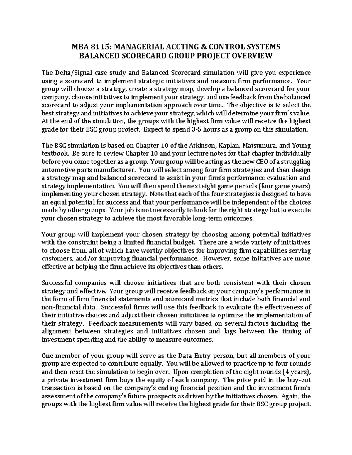 BSC Group Project Overview - MBA 8115: MANAGERIAL ACCTING & CONTROL SYSTEMS BALANCED SCORECARD ...