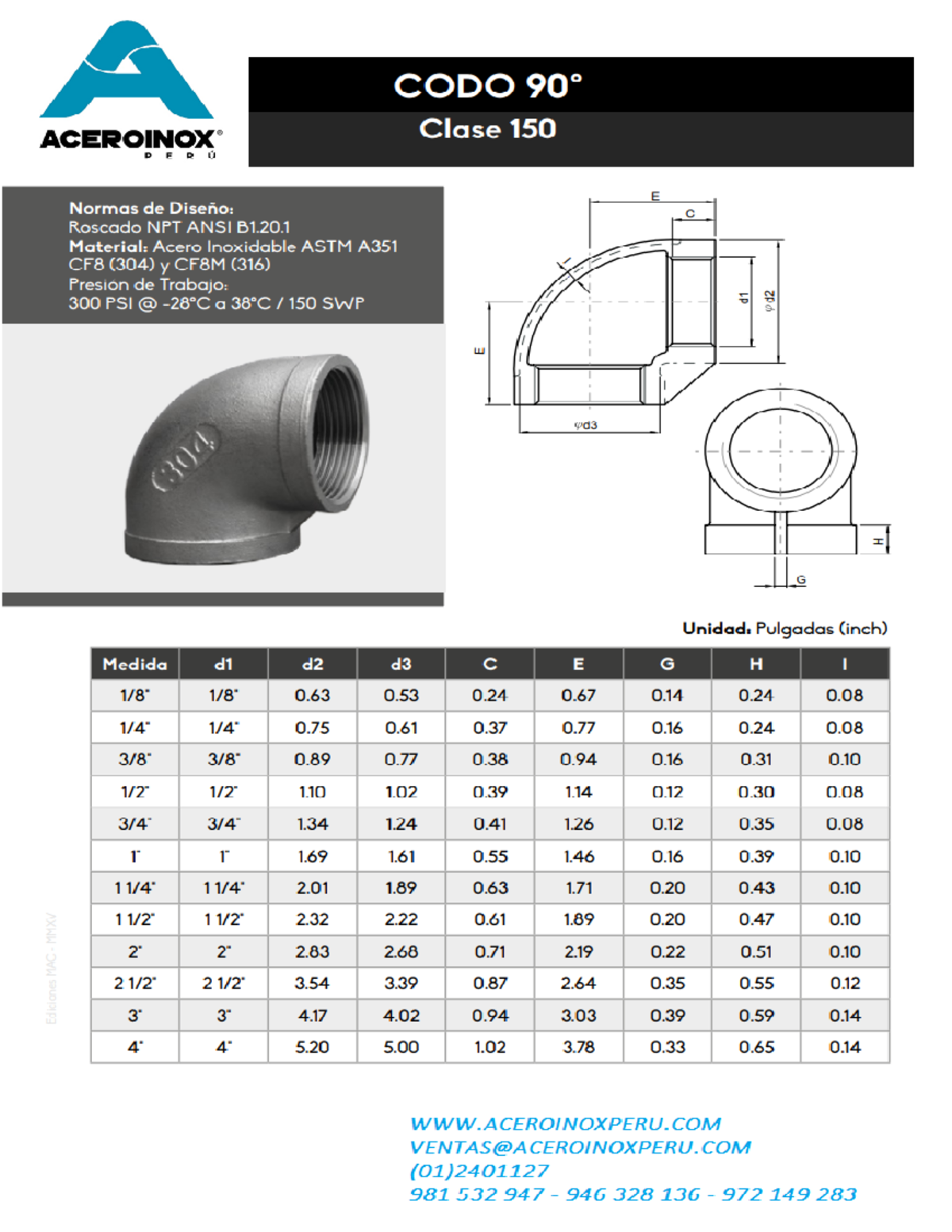 CODO Roscado 90 - Creacion ficha tecniva - CODO 90 o ACEROINOX Clase 150 PERÚ E Normas de Diseño ...