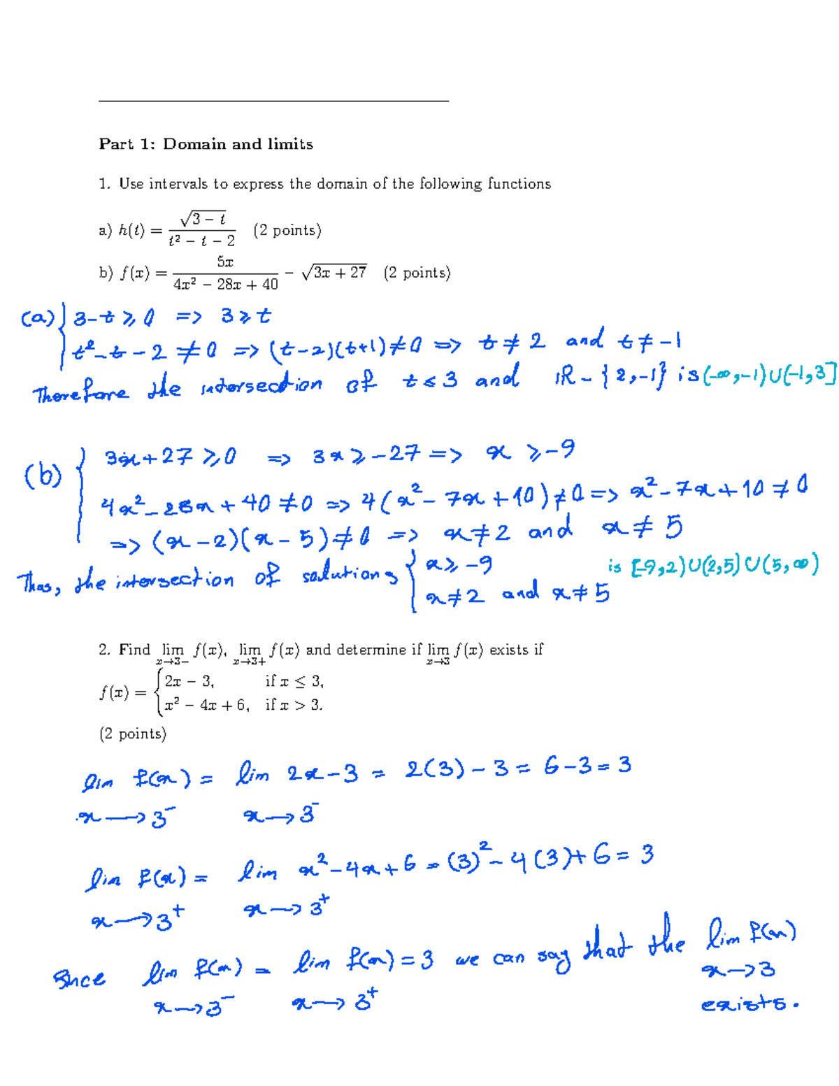 Practice test- Final Solution - Part 1: Domain and limits Use intervals ...