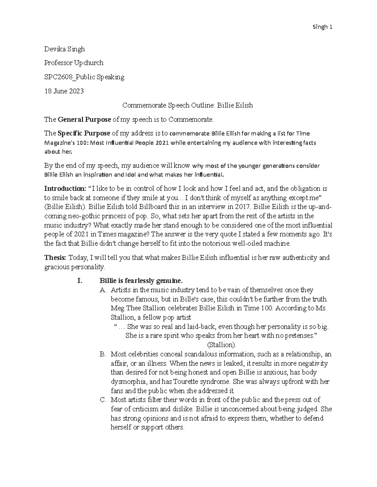 Week 6 Final Ceremonial Speech Outline - Devika Singh Professor ...