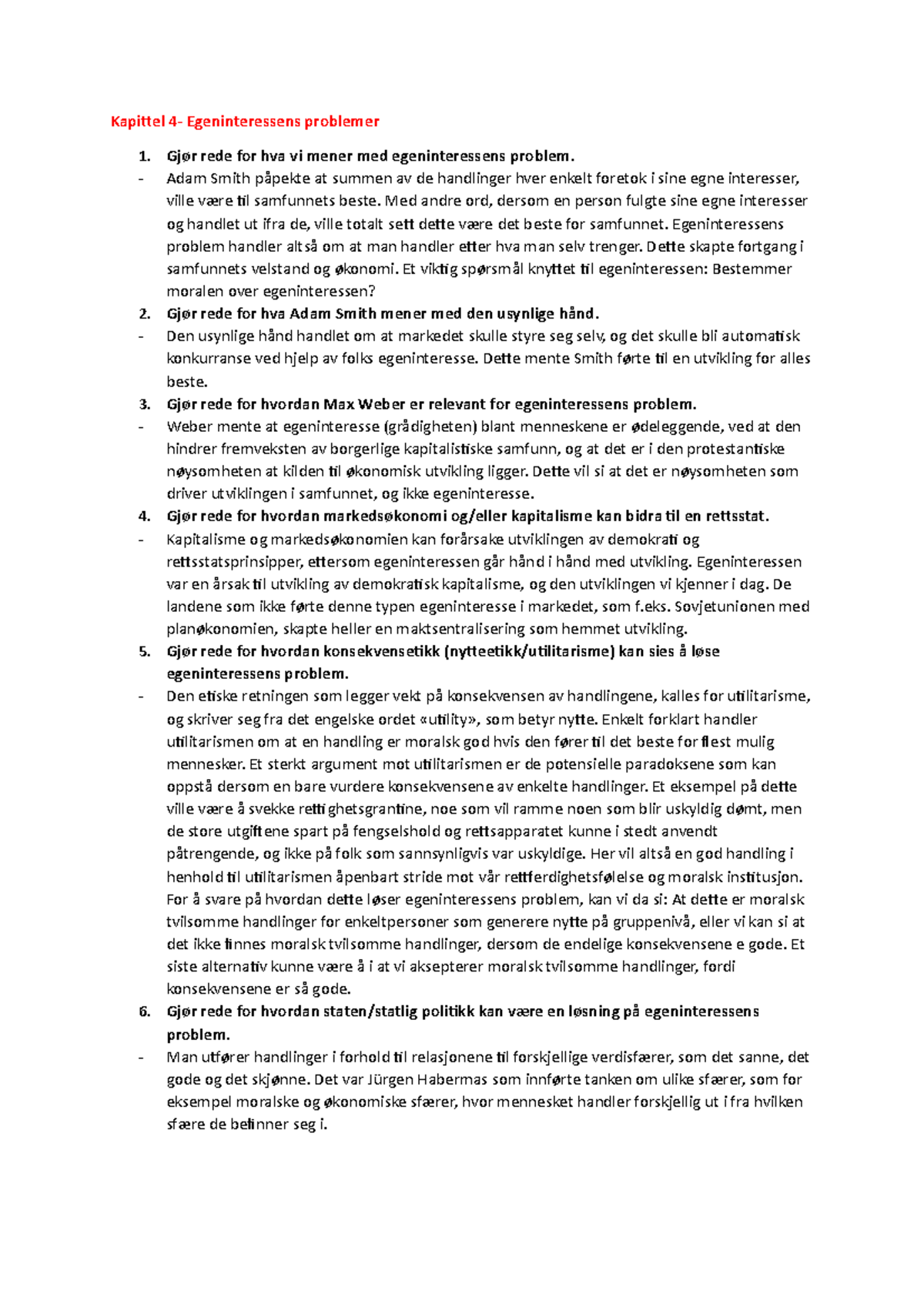 Egeninteressen - HIS3410 - Bedriften- Svar til kortsvarsspørsmål som kommer til eksamen ...