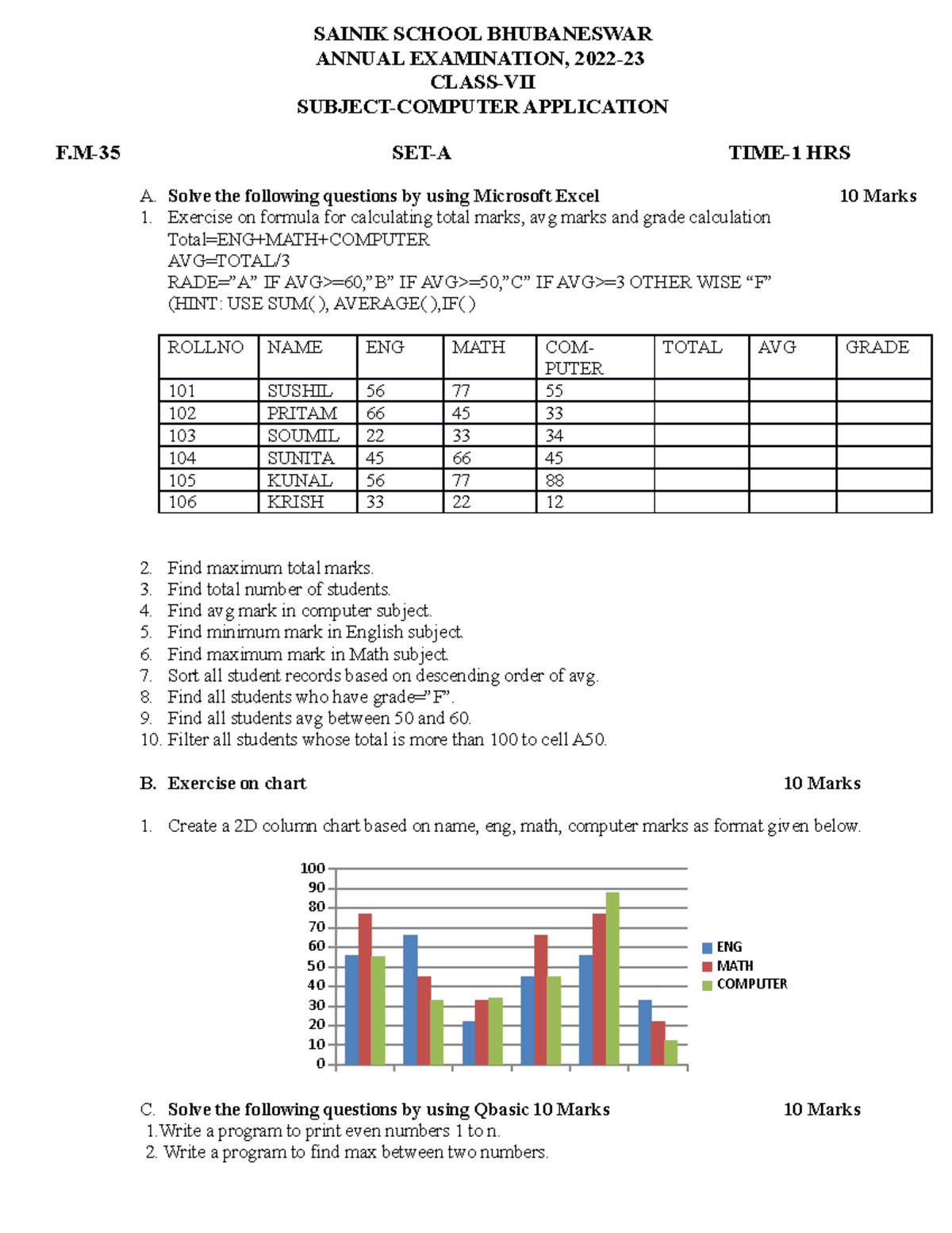 Class VII - Excel and QBASIC ASSIGNMENT - SAINIK SCHOOL BHUBANESWAR ...