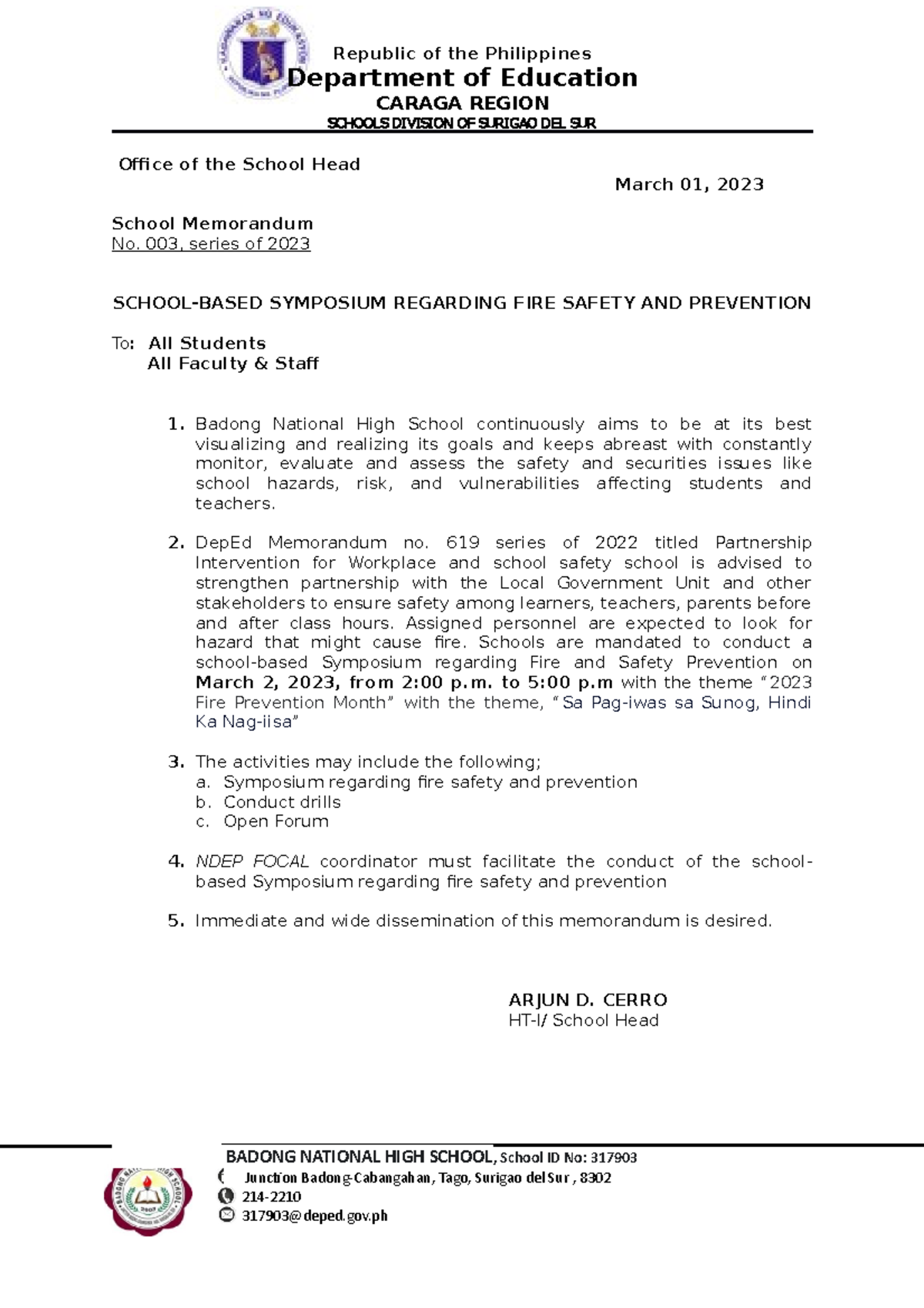 School-MEMO-FOR- School-BFP Safety AND FIRE Prevention - Republic of ...
