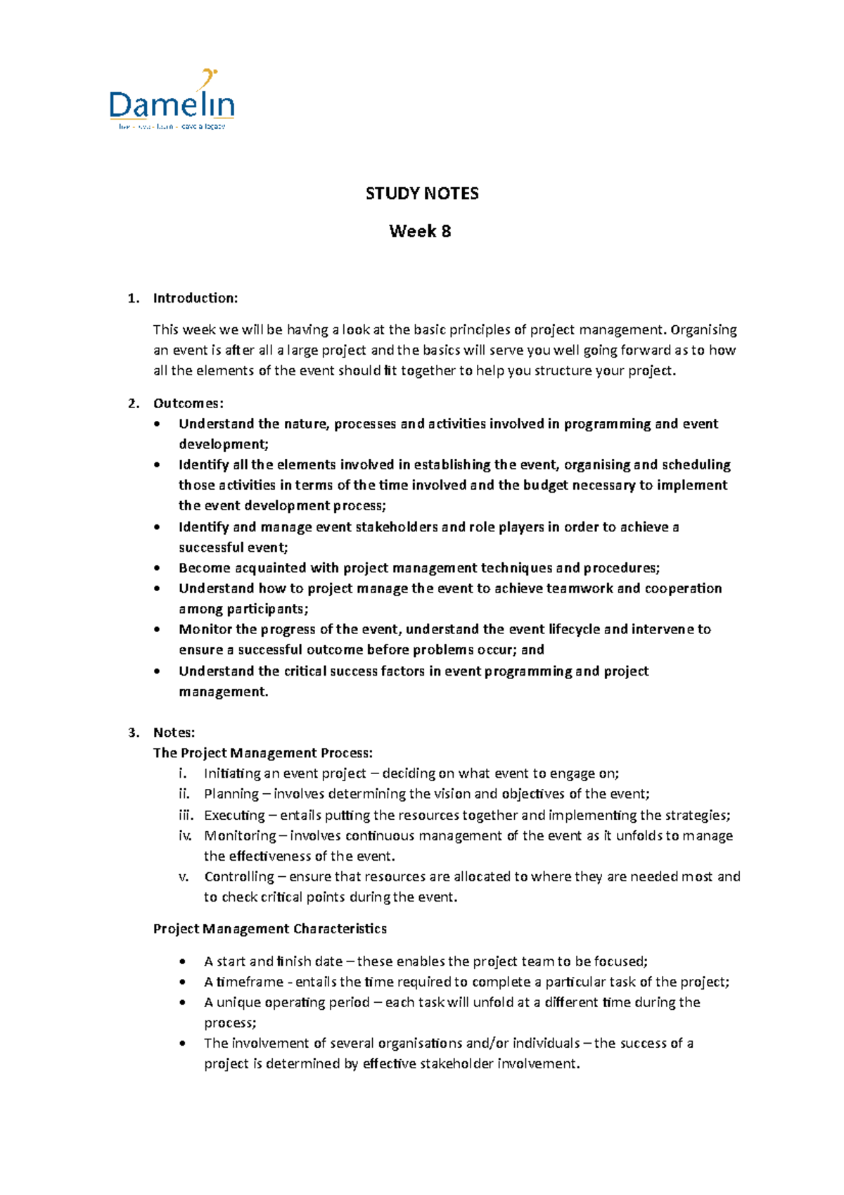 basic principles of project management - STUDY NOTES Week 8 1 ...