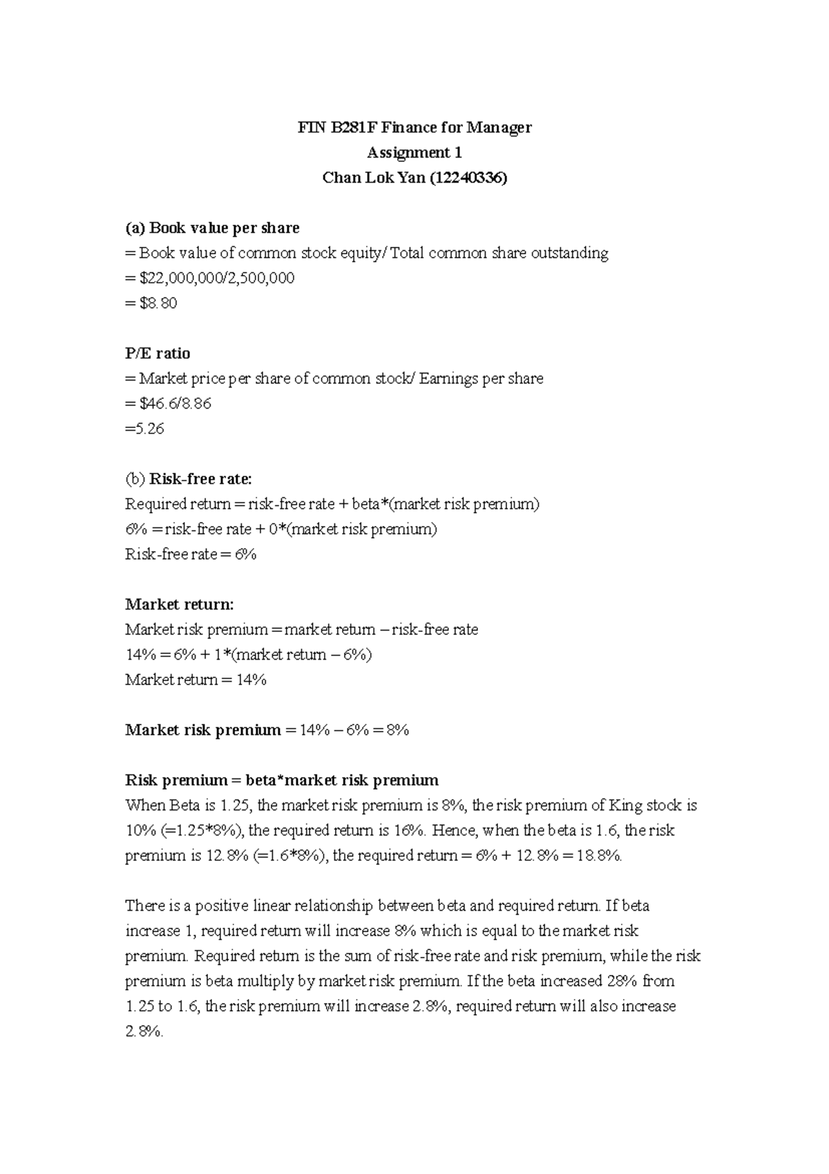 FIN B281F Assignment 1 - FIN B281F Finance for Manager Assignment 1 ...